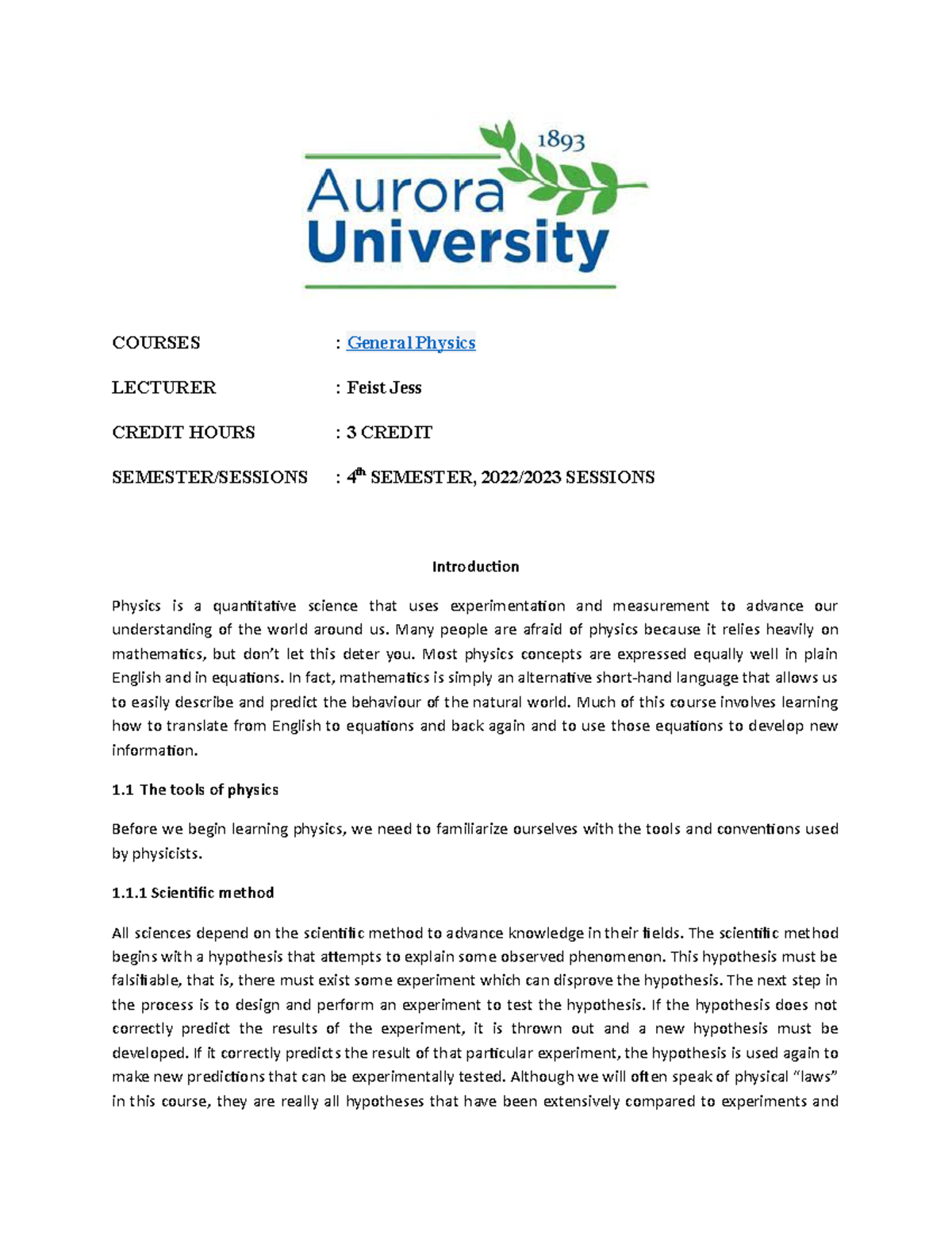 Introduction General Physics - COURSES : General Physics LECTURER ...