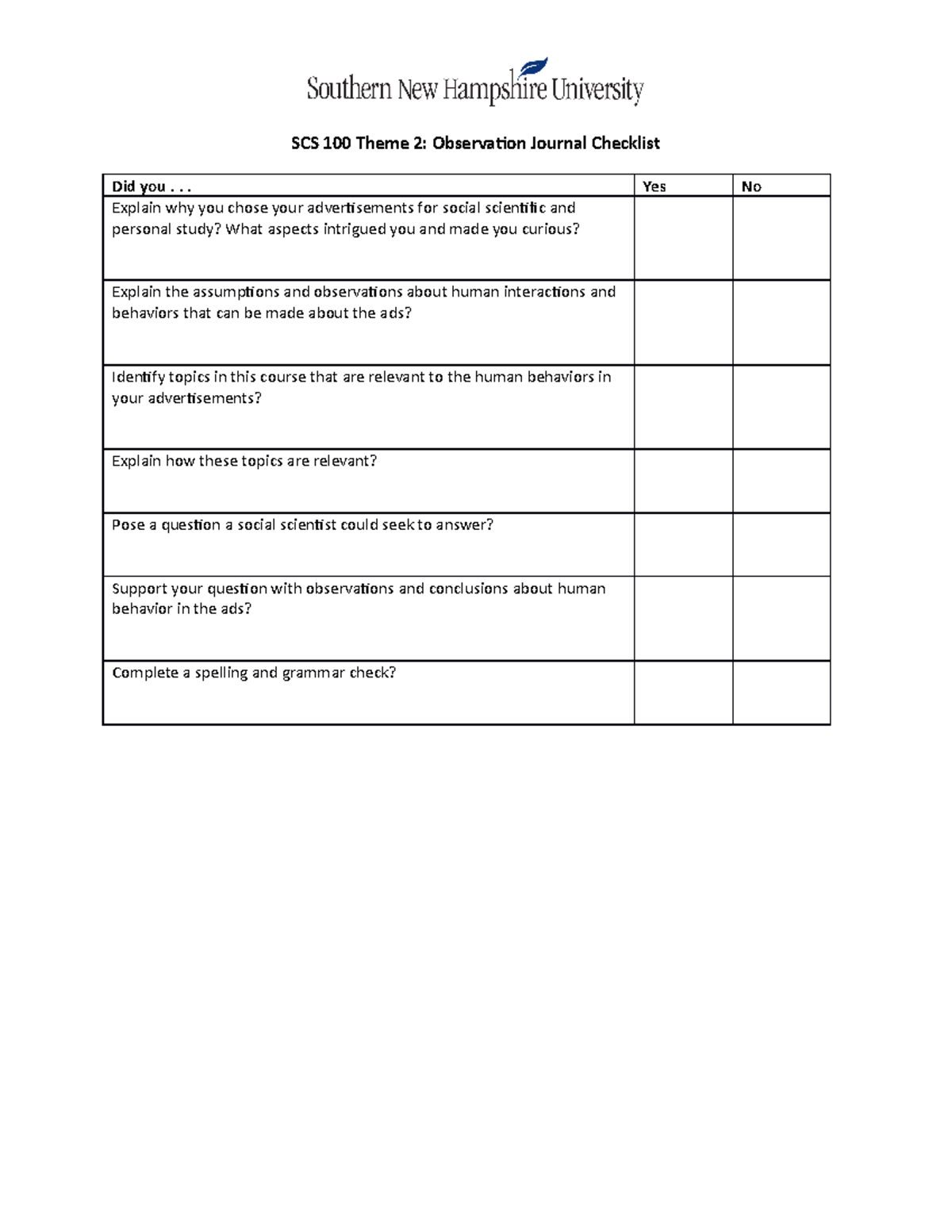 Scs100 theme 2 observation journal checklist - SCS 100 Theme 2 ...