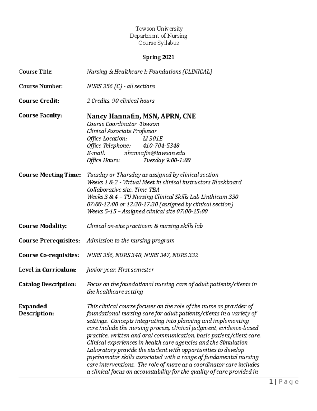 Clinical Syllabus spring 21 - Towson University Department of Nursing ...