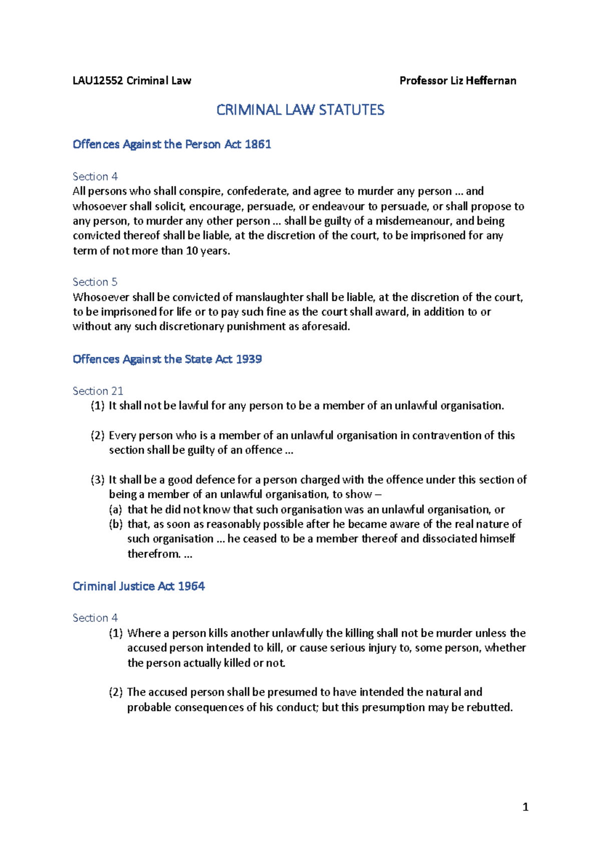 Criminal law statutes - LAU12552 Criminal Law Professor Liz Heffernan ...