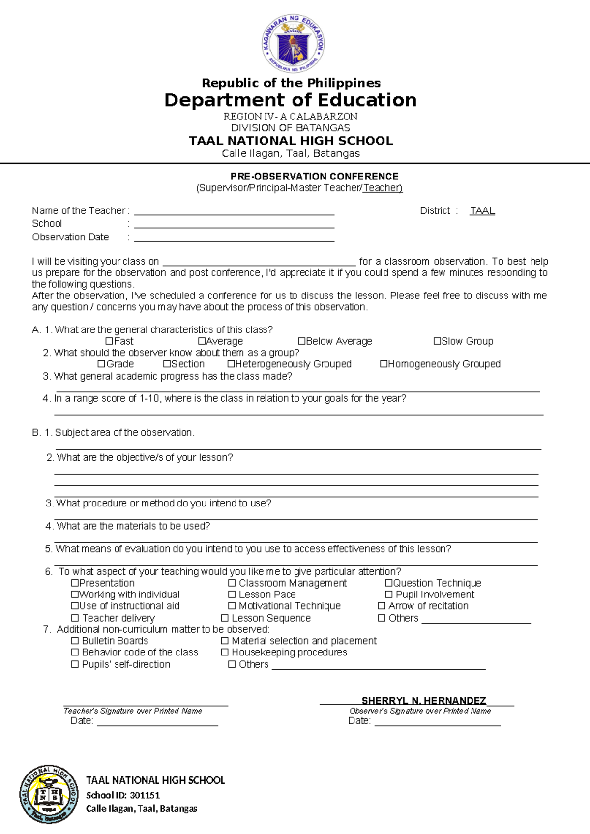 Pre-Observation-Form - AT A L N A T I O N A L H I G H S C H O O L TAAL ...