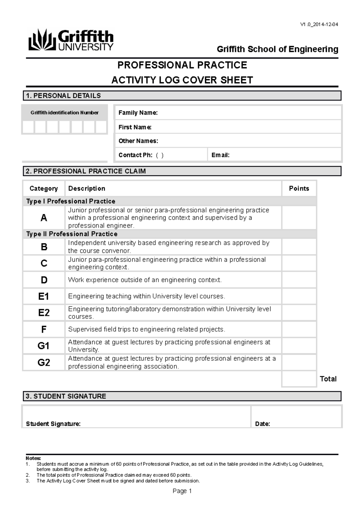 Professional Practice Activity Log Cover Sheet - V1_2014-12- Griffith ...