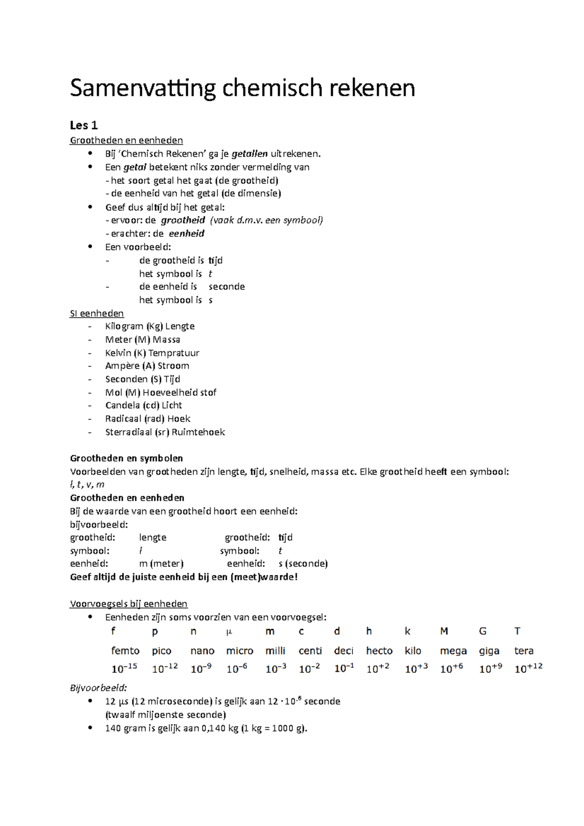Samenvatting chemisch rekenen - Een getal betekent niks zonder ...