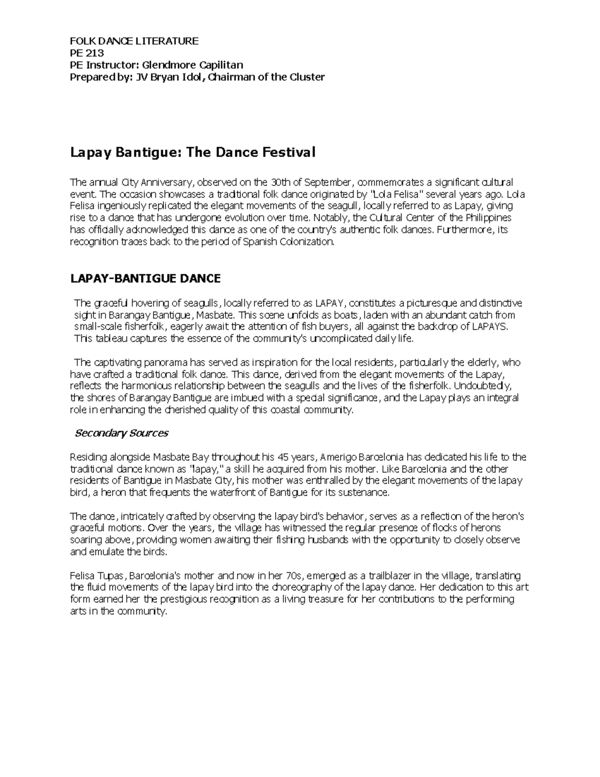 Literature ( Binasuan AND Lapay Bantigue) - PE 213 PE Instructor ...