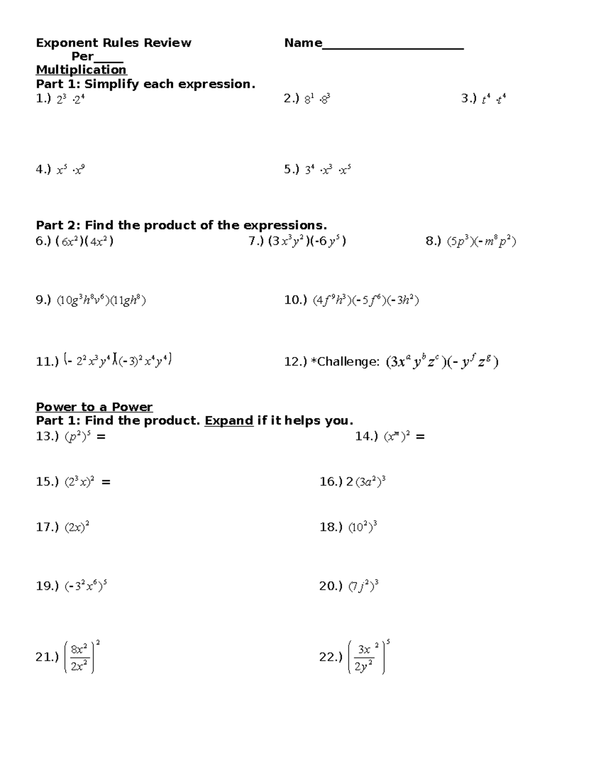 Exponent Worksheet review - Exponent Rules Review Name ...