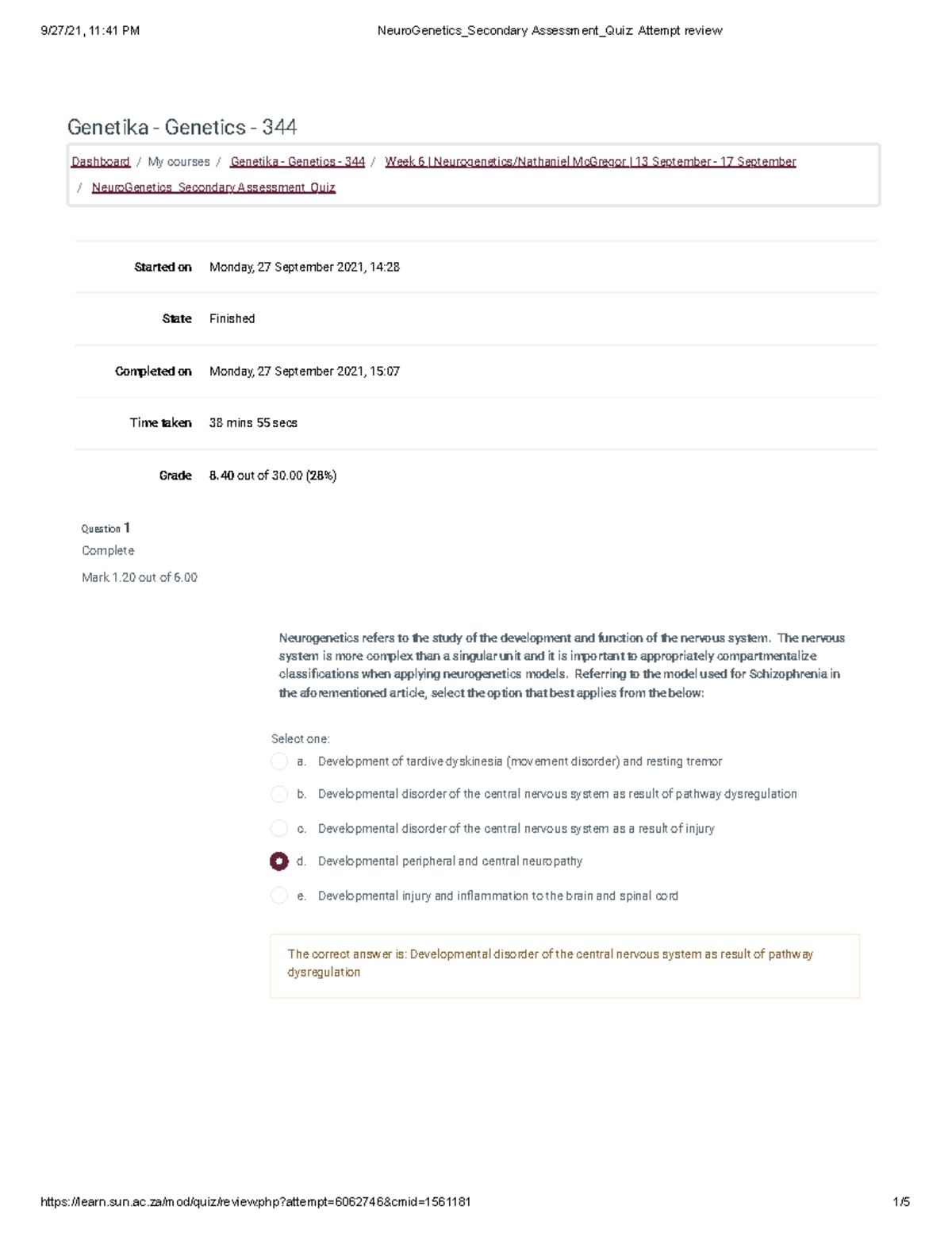 Neuro Genetics Secondary Assessment Quiz Attempt review - Genetika ...