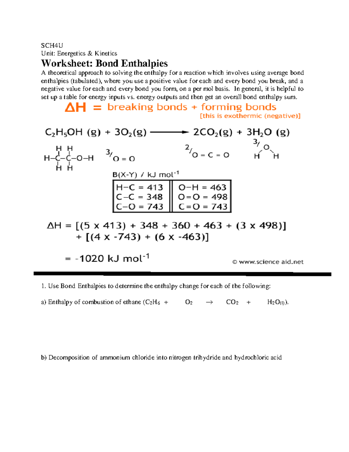Bond Enthalpy worksheet - SCH4U Unit: Energetics & Kinetics Worksheet ...