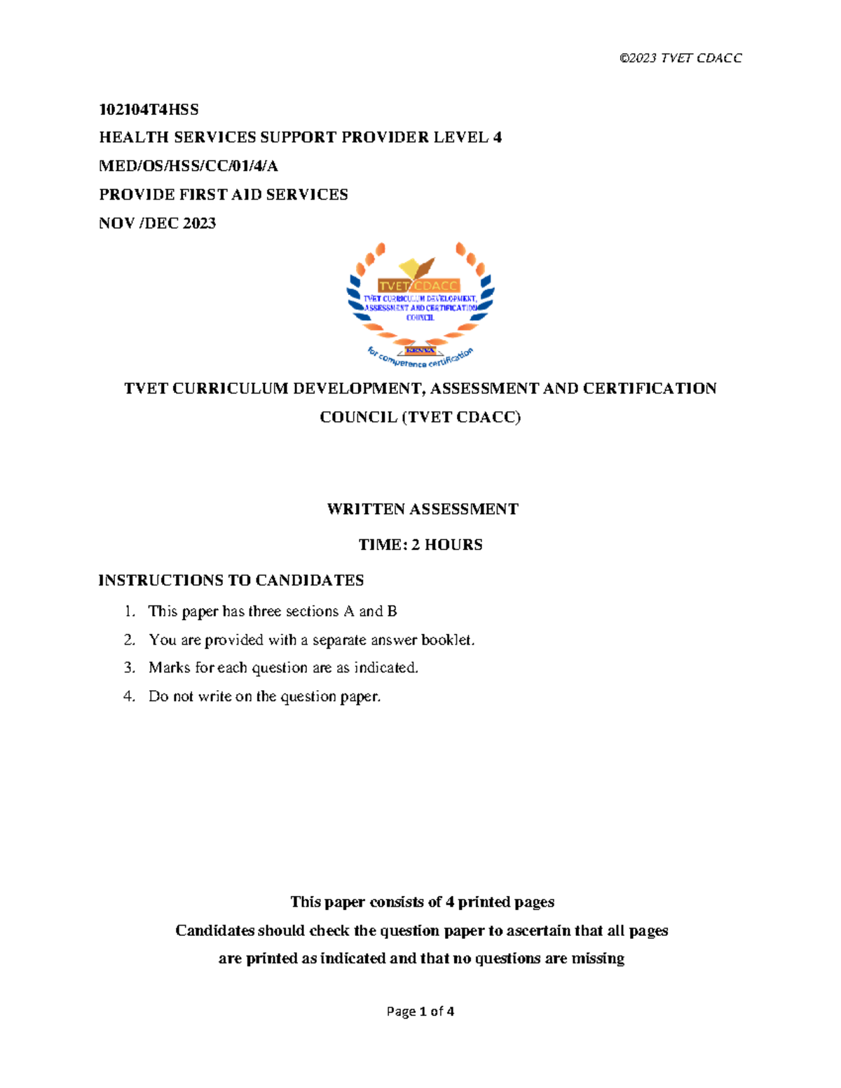 4-Health Services Support First aid services level 4 TVET- Cdacc Nov ...