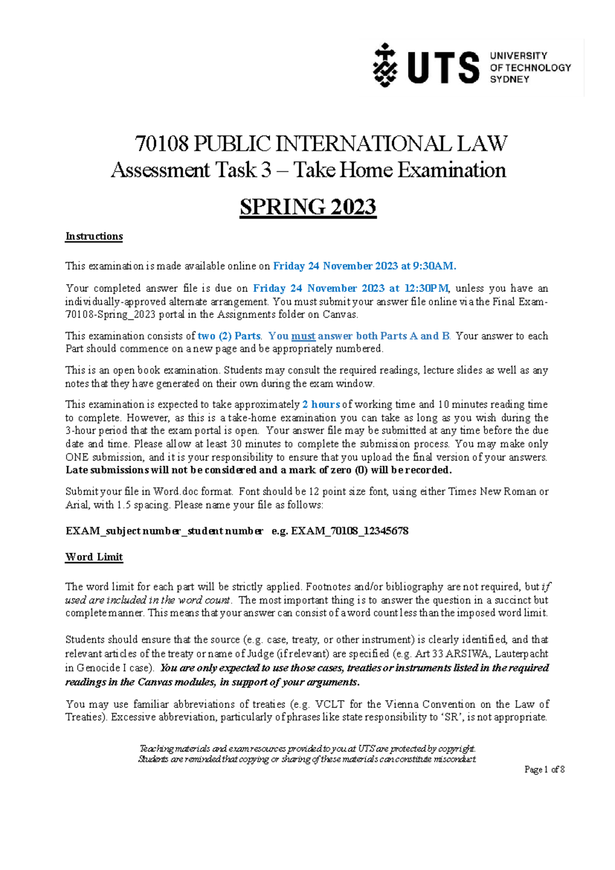 70108 Public International LAW SPR23 Main Exam - Teaching materials and ...