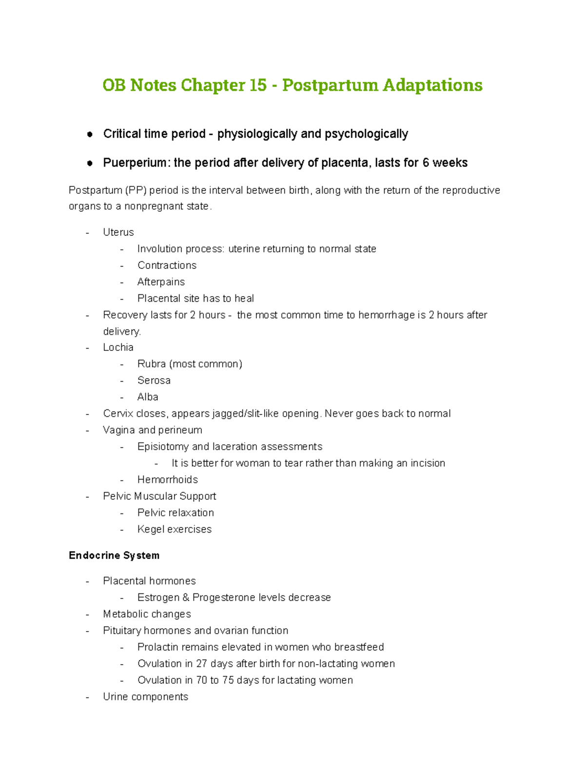 OB Notes Ch. 15 - Postpartum Adaptations - OB Notes Chapter 15 ...