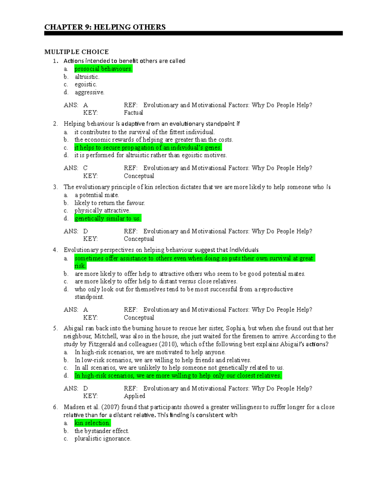 Social Test Bank 9 - Test Bank - CHAPTER 9: HELPING OTHERS MULTIPLE ...