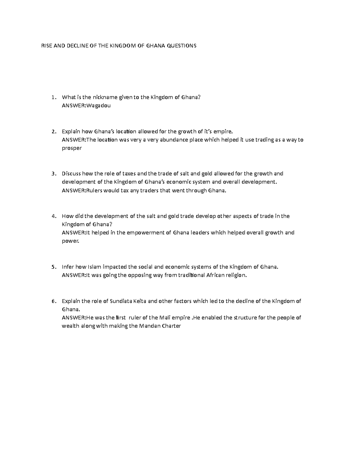 Topic 2- Lesson 6 - RISE AND Decline OF THE Kingdom OF Ghana Questions ...