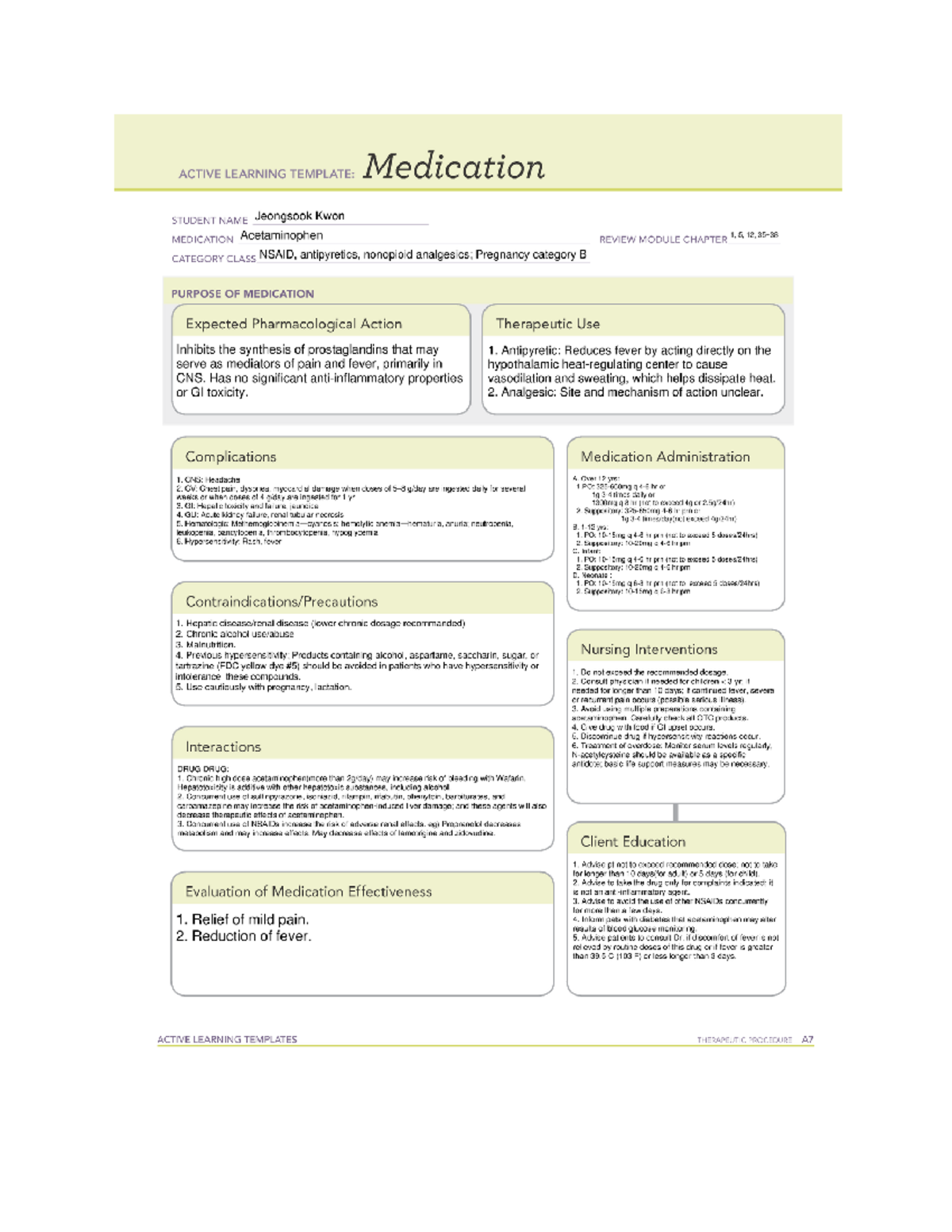 Tylenol drug card - NURS2430 - Studocu