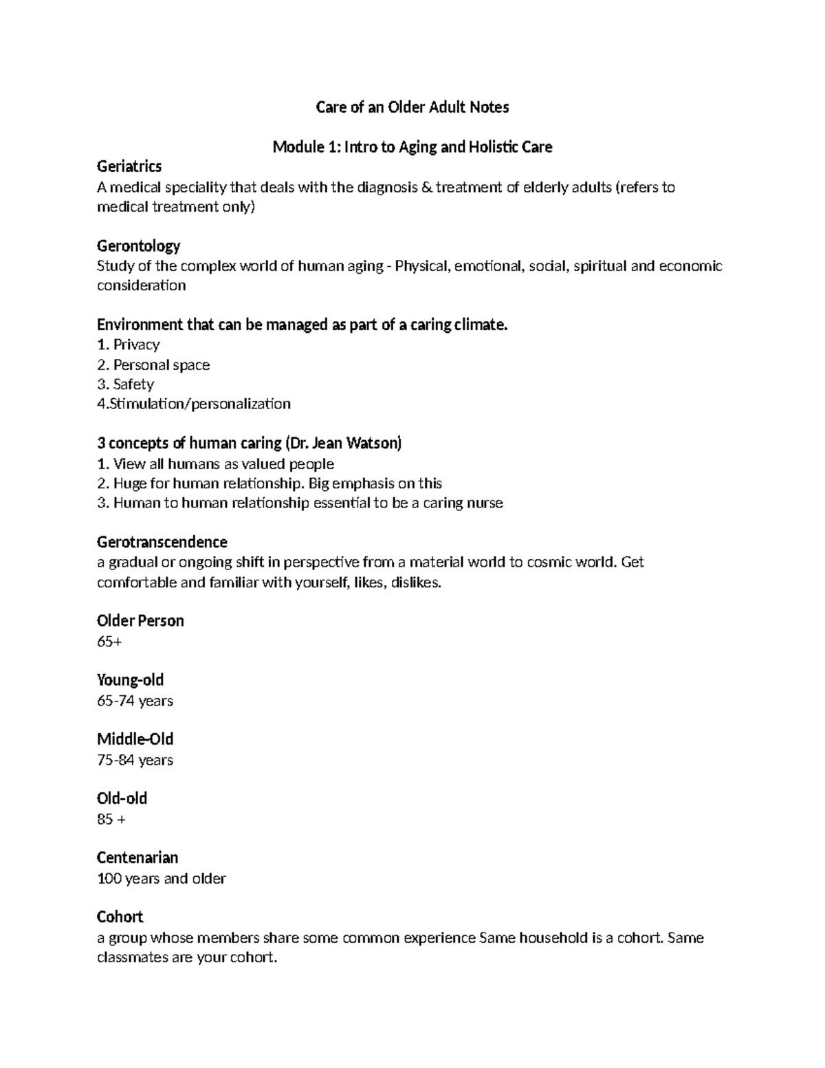 Care of an Older Adult Notes - Care of an Older Adult Notes Module 1 ...