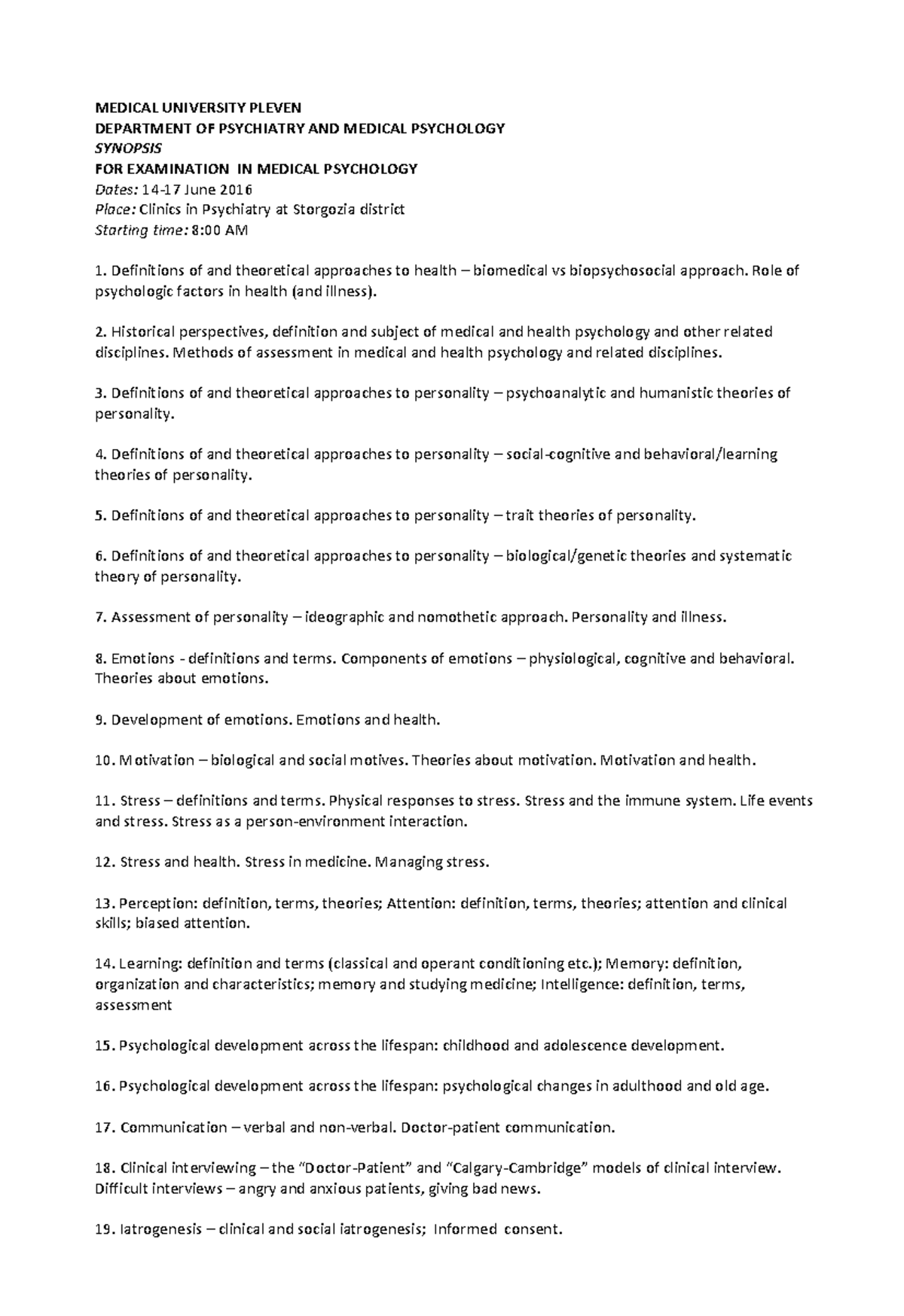 Synopsis Medical Psychology - MEDICAL UNIVERSITY PLEVEN DEPARTMENT OF ...