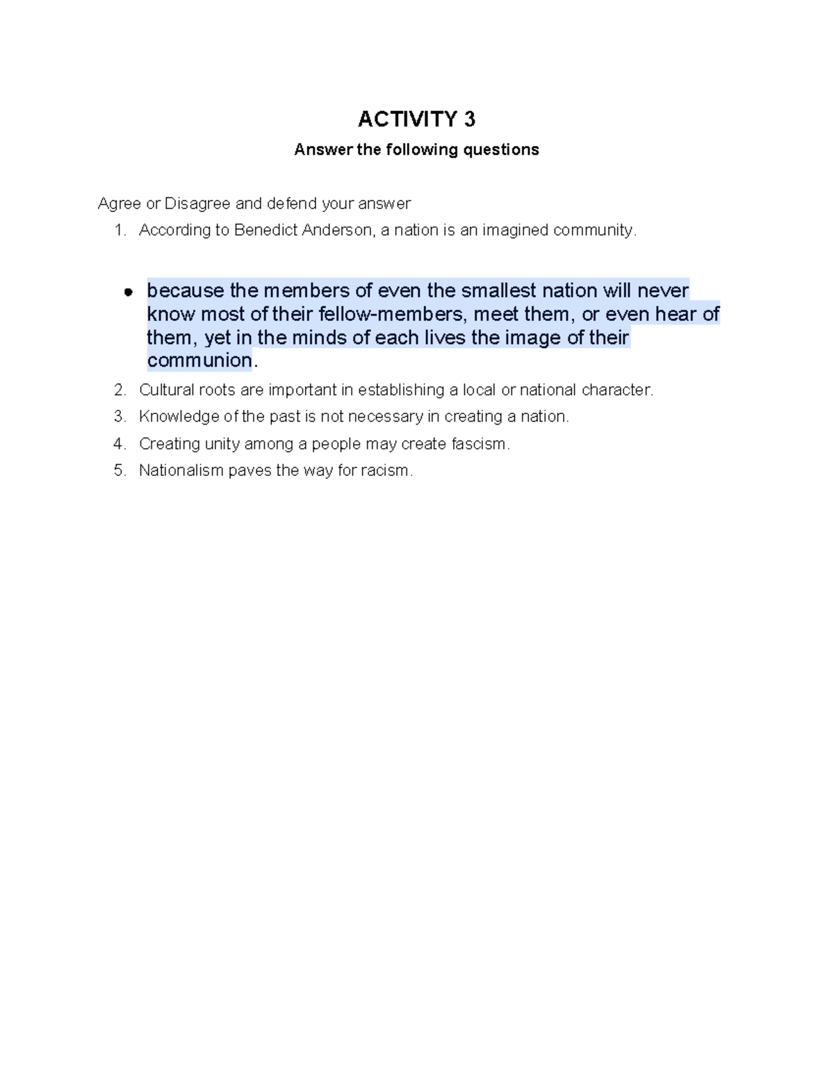 Activity 3 - sddqs2eq - ACTIVITY 3 Answer the following questions Agree ...