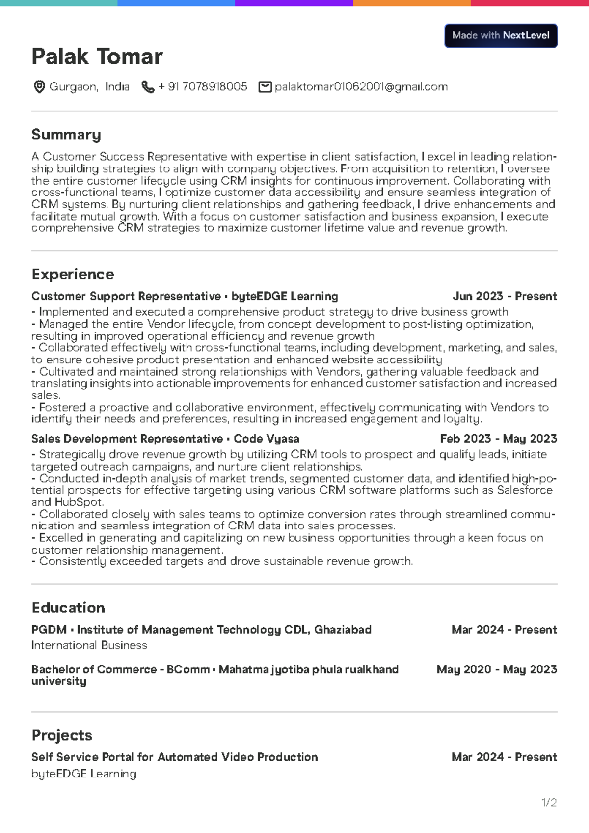 Palak Tomar Next Level Resume - Palak Tomar Gurgaon, India + 91 ...