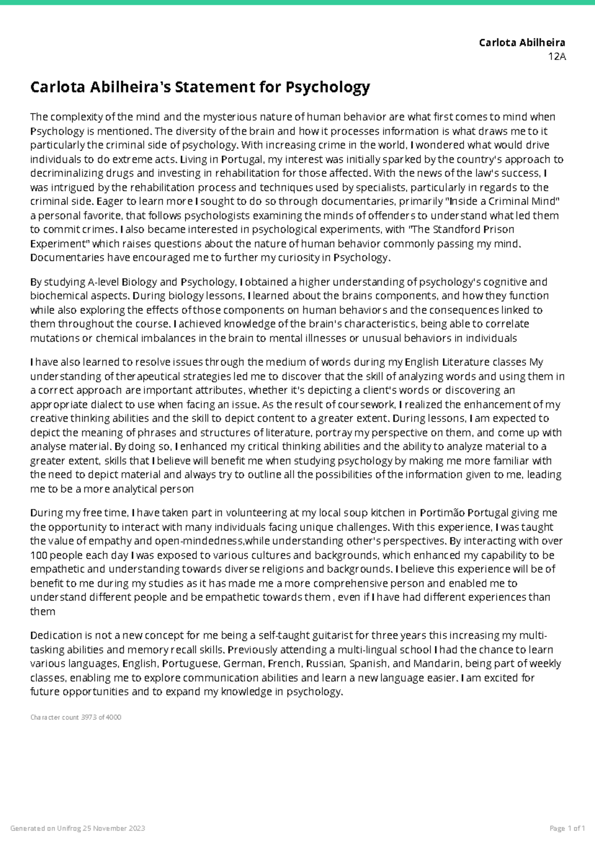 Unifrog Personal Statement - Generated on Unifrog 25 November 2023 Page ...