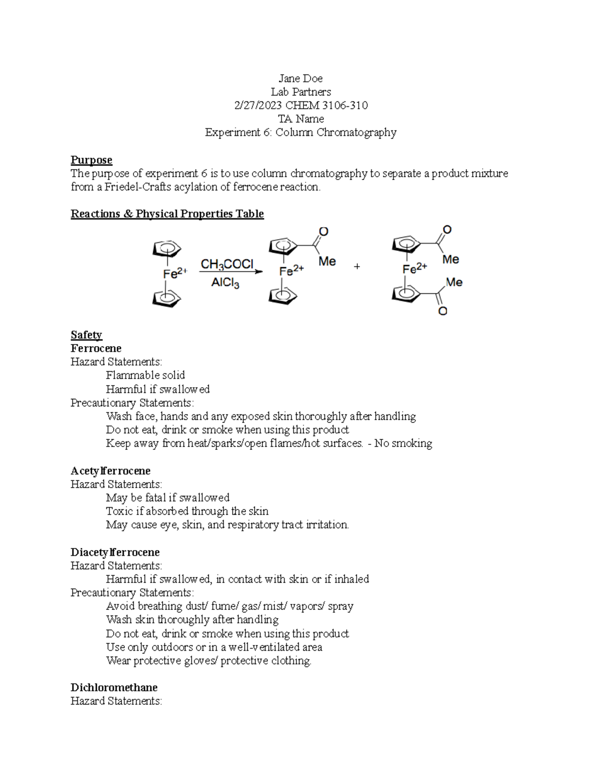 Copy of CHEM 3106 Experiment 6 - Jane Doe Lab Partners 2/27/2023 CHEM ...