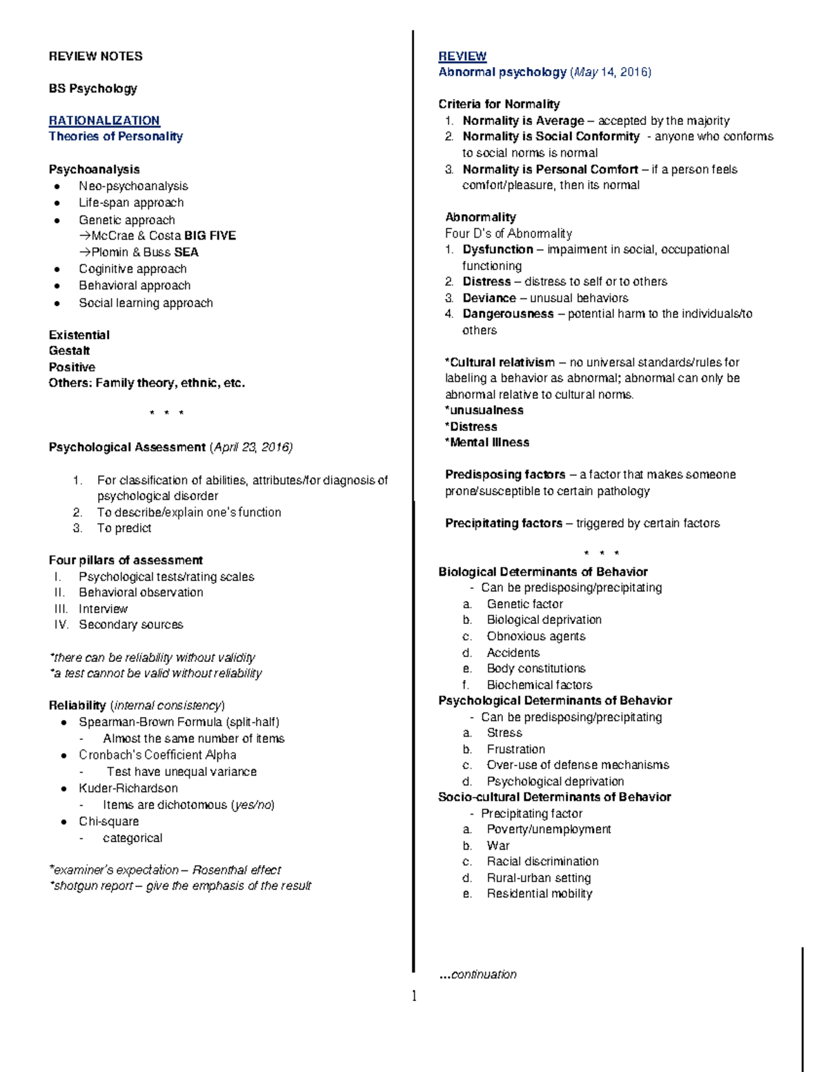 Rationalization Psychometrician - Copy - REVIEW NOTES BS Psychology ...