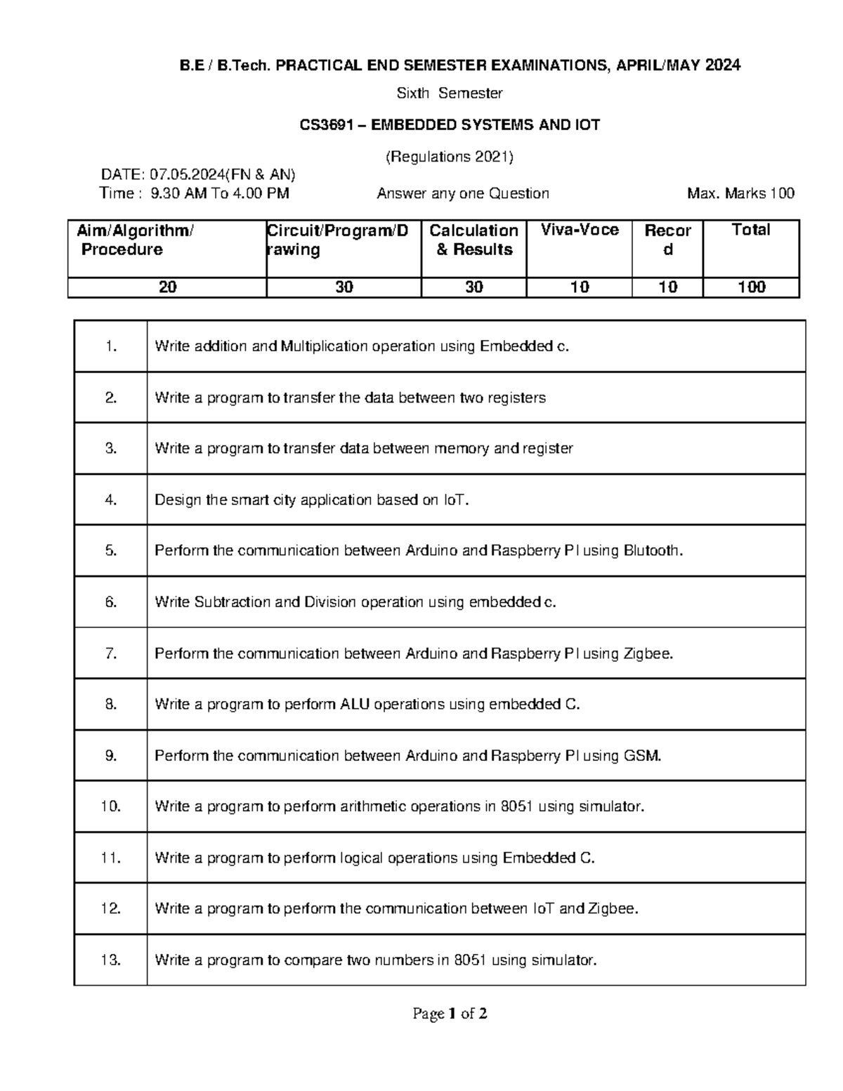 CS3691 SET1 - lab question paper - Page 1 of 2 B / B. PRACTICAL END ...