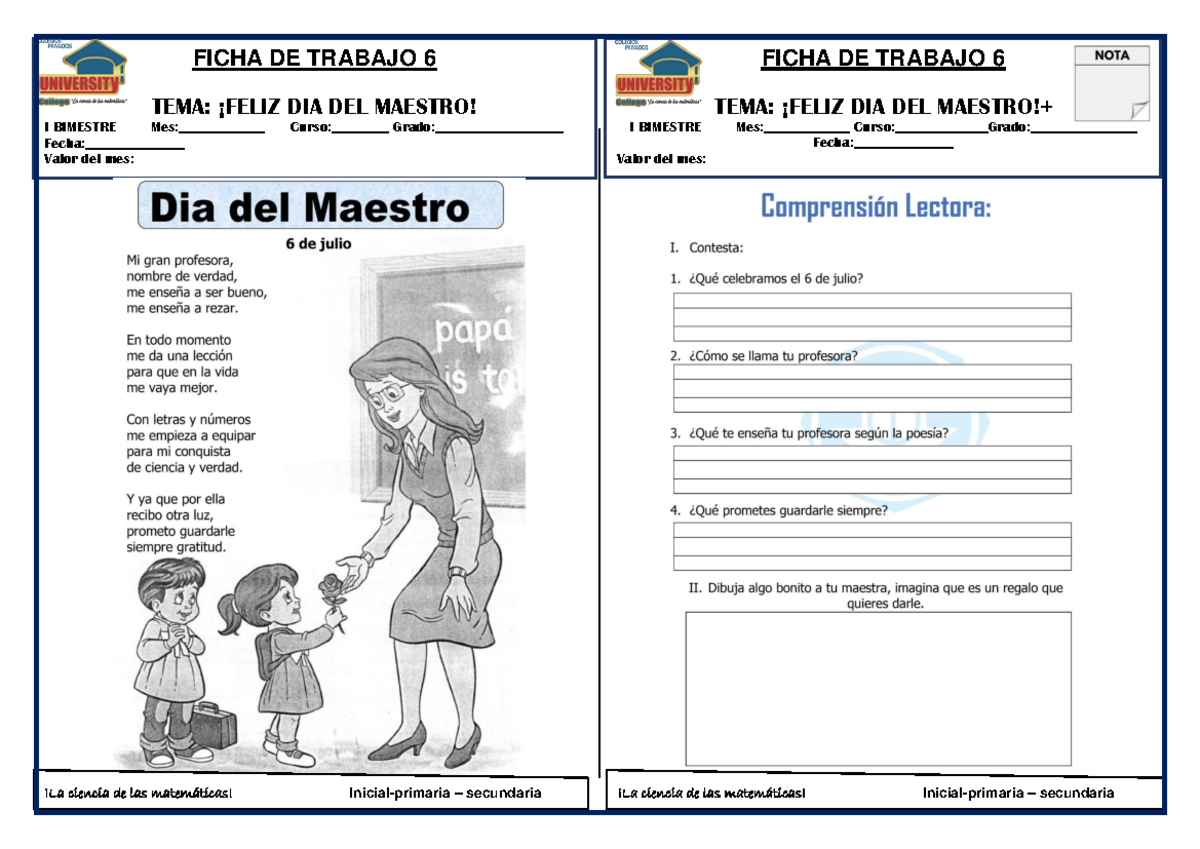 Ficha 6 Feliz DIA Maestro - Expresión Gráfica - FICHA DE TRABAJO 6 TEMA ...