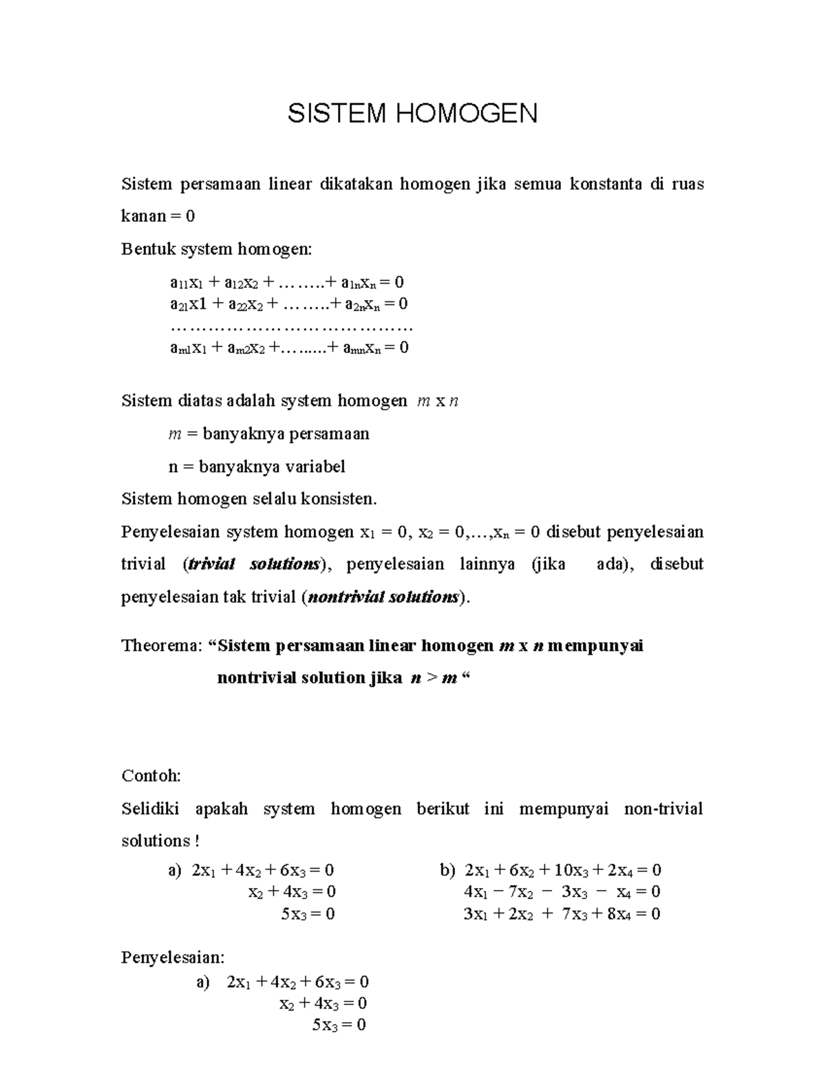 Catatan kuliah Matriks dan Ruang Vektor edit 4b - SISTEM HOMOGEN Sistem ...