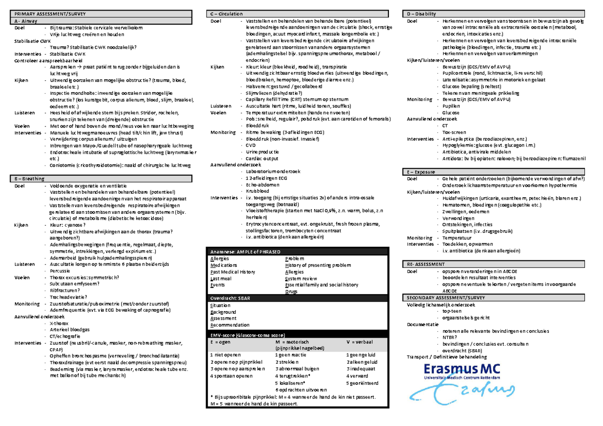 Abcde Samenvatting-6 - abcd - PRIMARY ASSESSMENT/SURVEY A - Airway Doel ...
