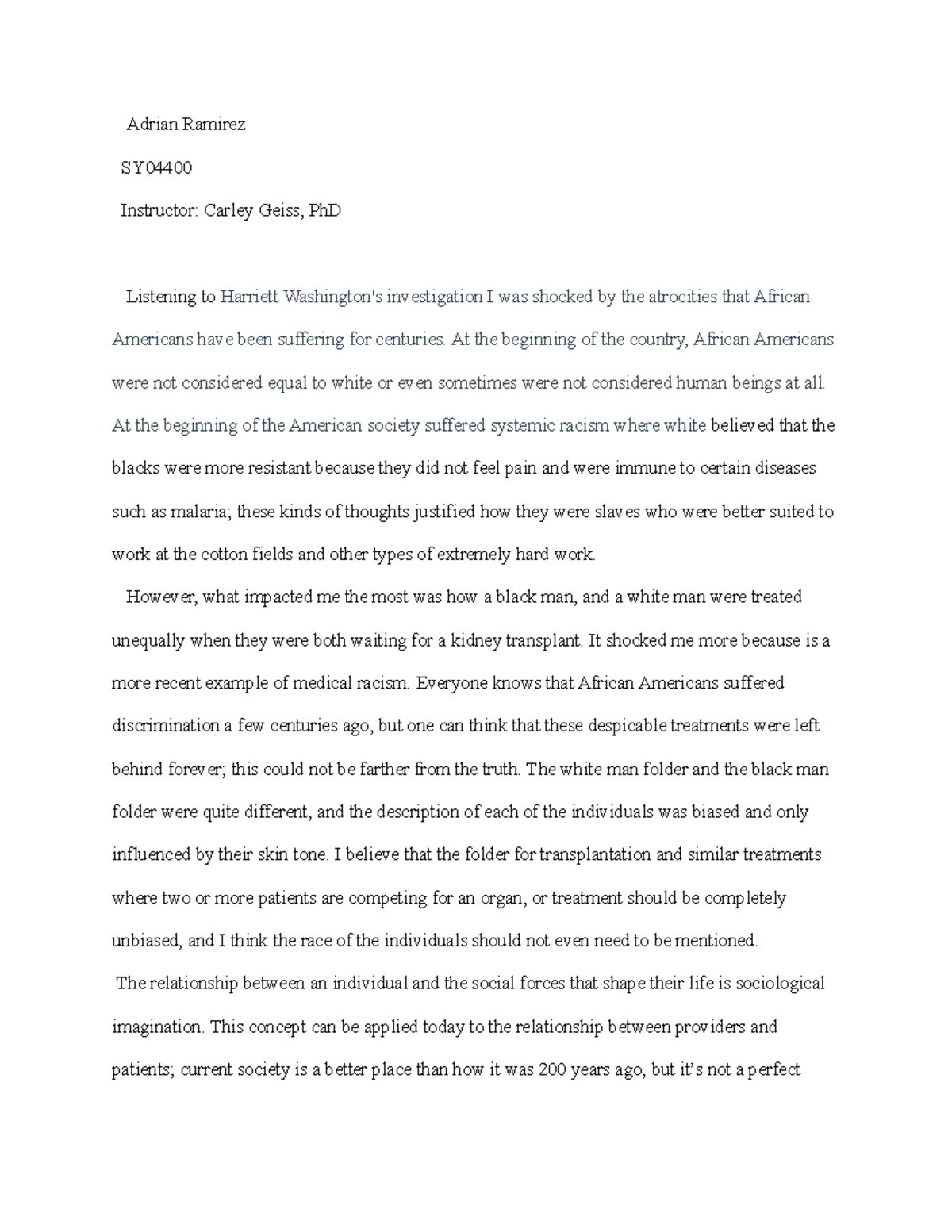 Medical sociology discussion 2 - Adrian Ramirez SY Instructor: Carley ...