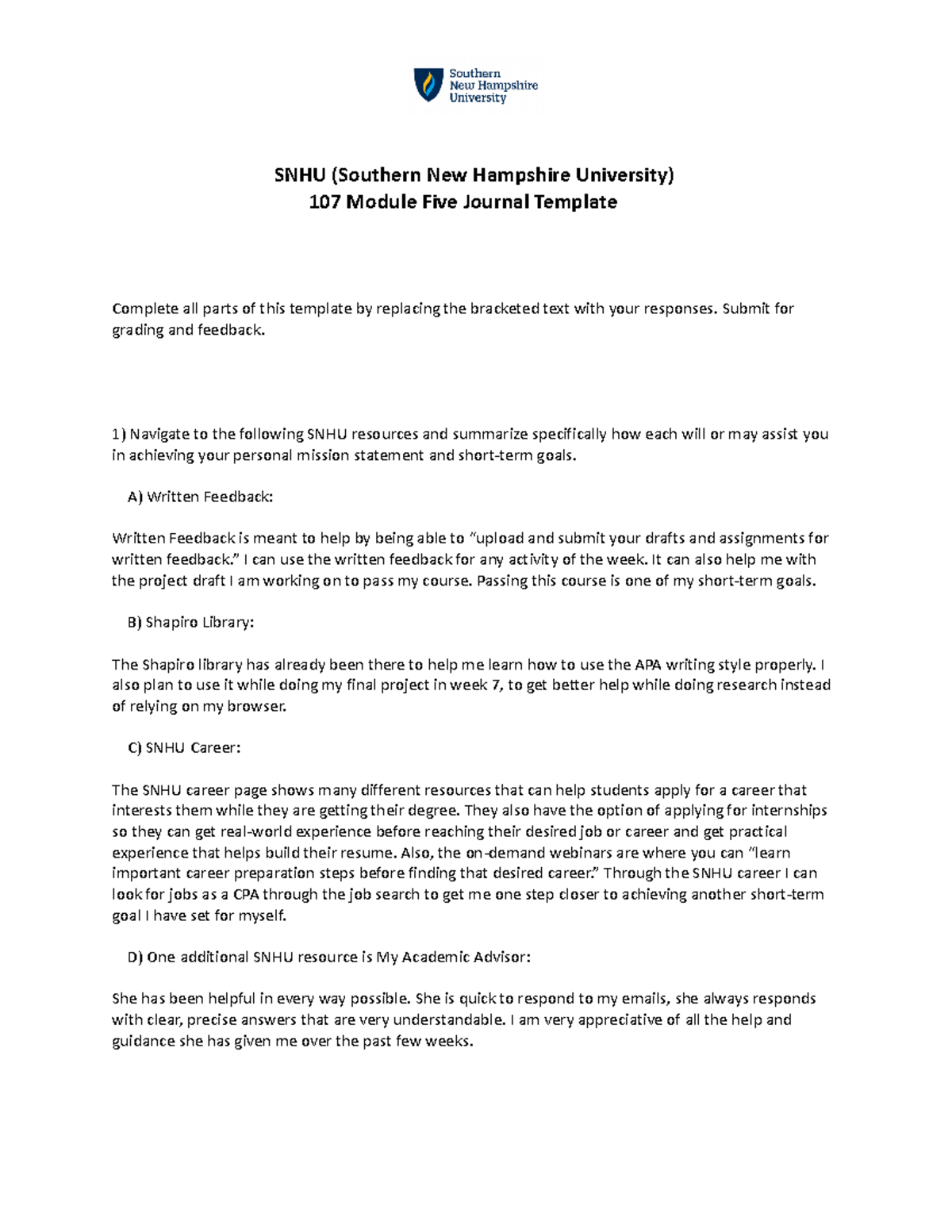 SNHU 107 Completed Module Five Journal Post - SNHU (Southern New ...