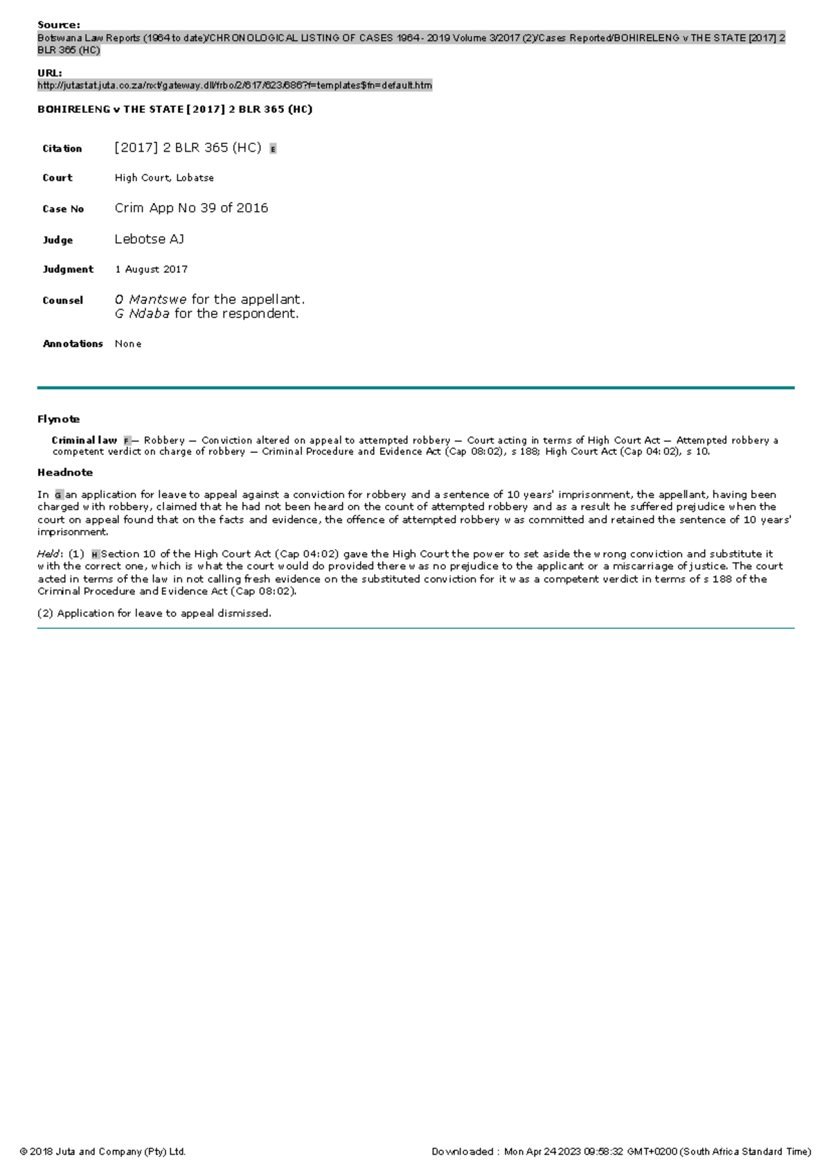 Bohireleng v THE State [2017 ] 2 BLR 365 (HC) - Source: Botswana Law ...