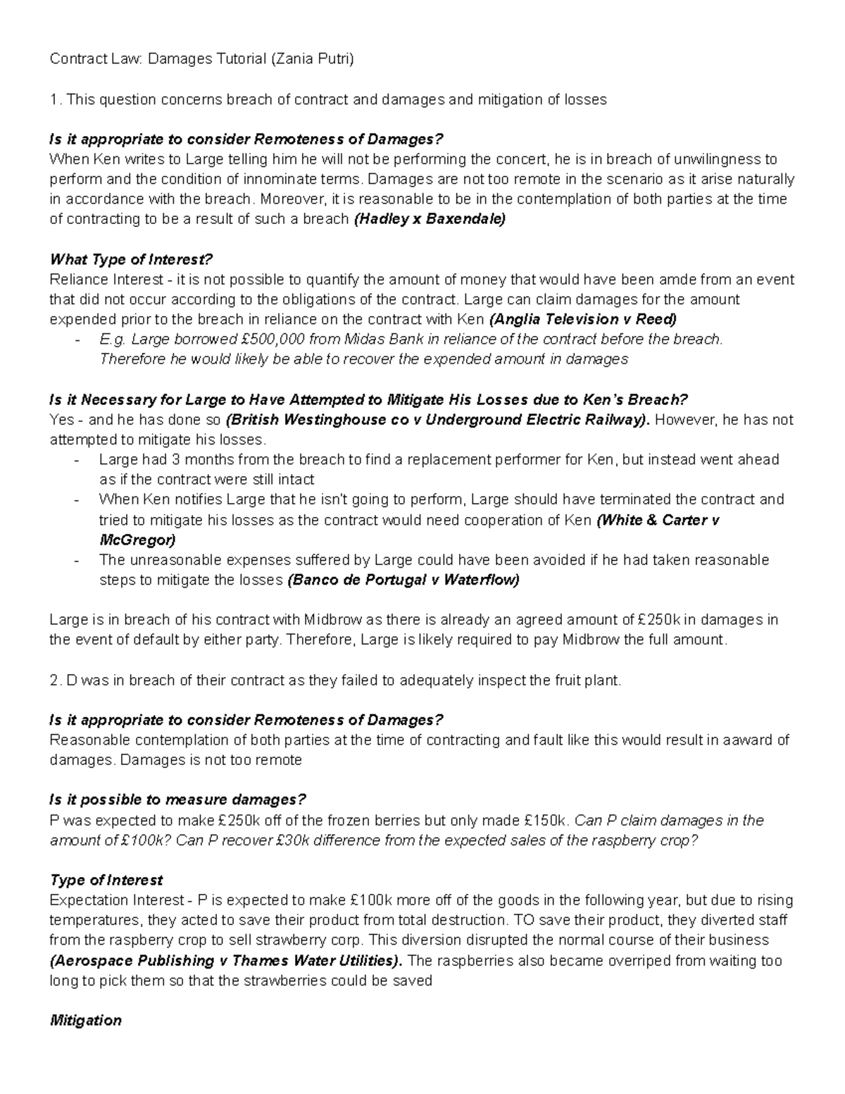 Contract Law Damages Tutorial - Damages are not too remote in the ...