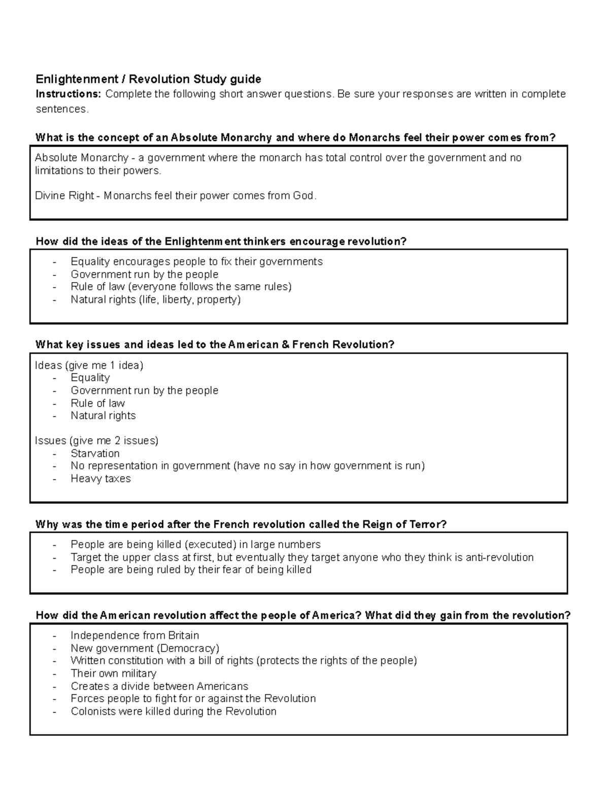 Revolution study guide - Enlightenment / Revolution Study guide ...