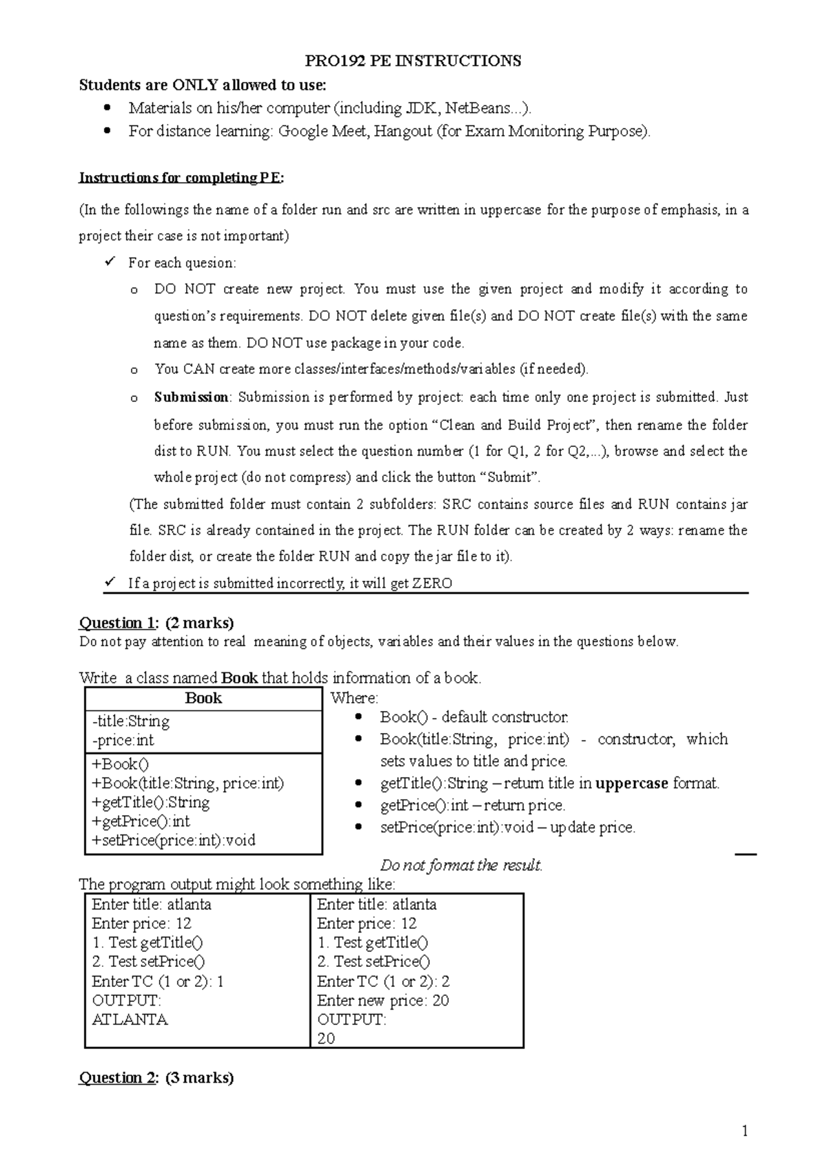 PRO192 sample PEabc - PRO192 PE INSTRUCTIONS Students are ONLY allowed ...