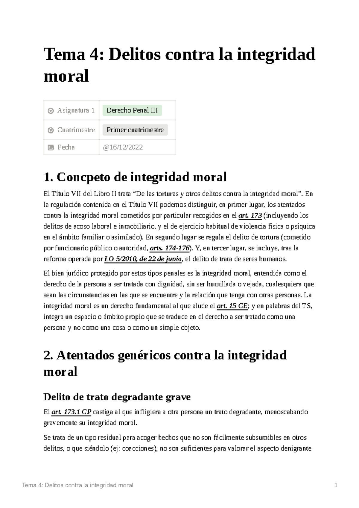Tema 4: Delitos contra la integridad moral. - Tema 4: Delitos contra la integridad moral ...