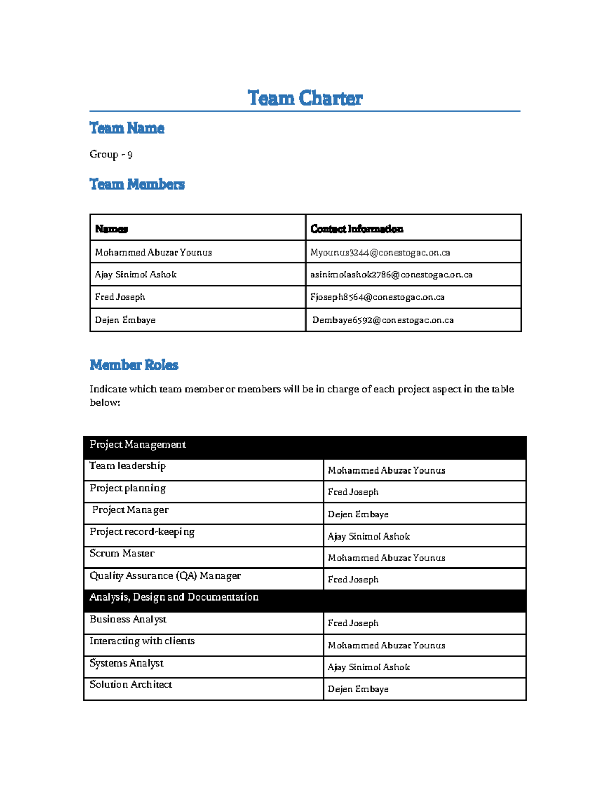 PA1 Abuzar Younus 8903244 - Team Charter Team Name Group - 9 Team ...