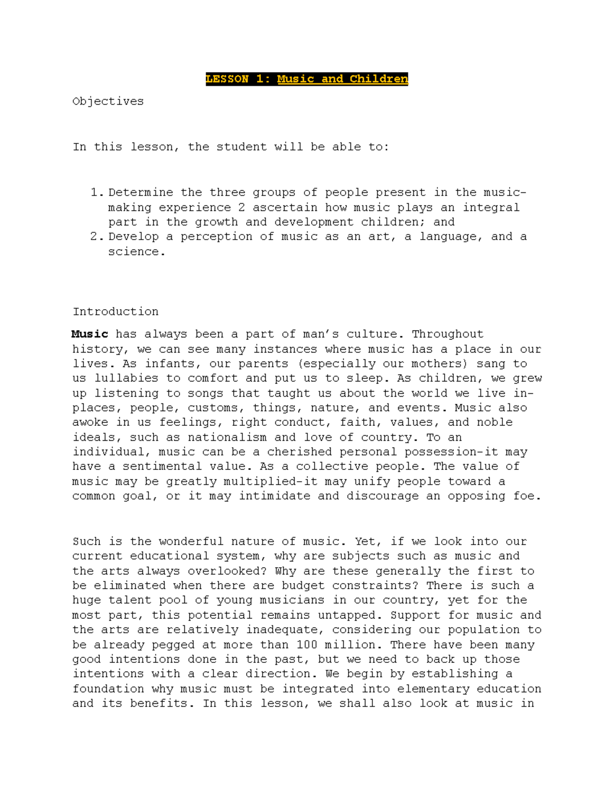 Topic 1 Music and Children - LESSON 1: Music and Children Objectives In ...