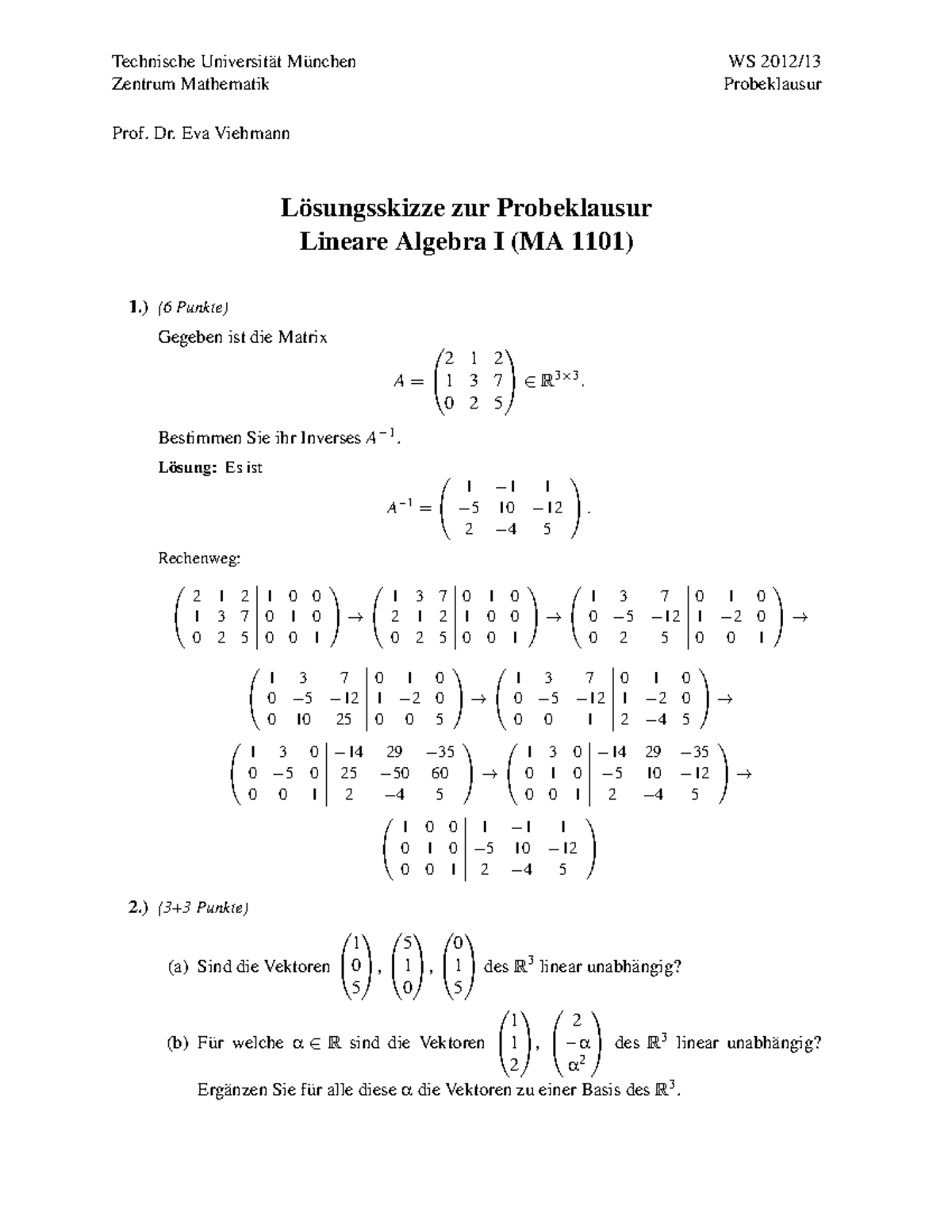 Klausur, Antworten - Technische Universit ̈at Munchen ̈ WS 2012/ Zentrum Mathematik Probeklausur ...