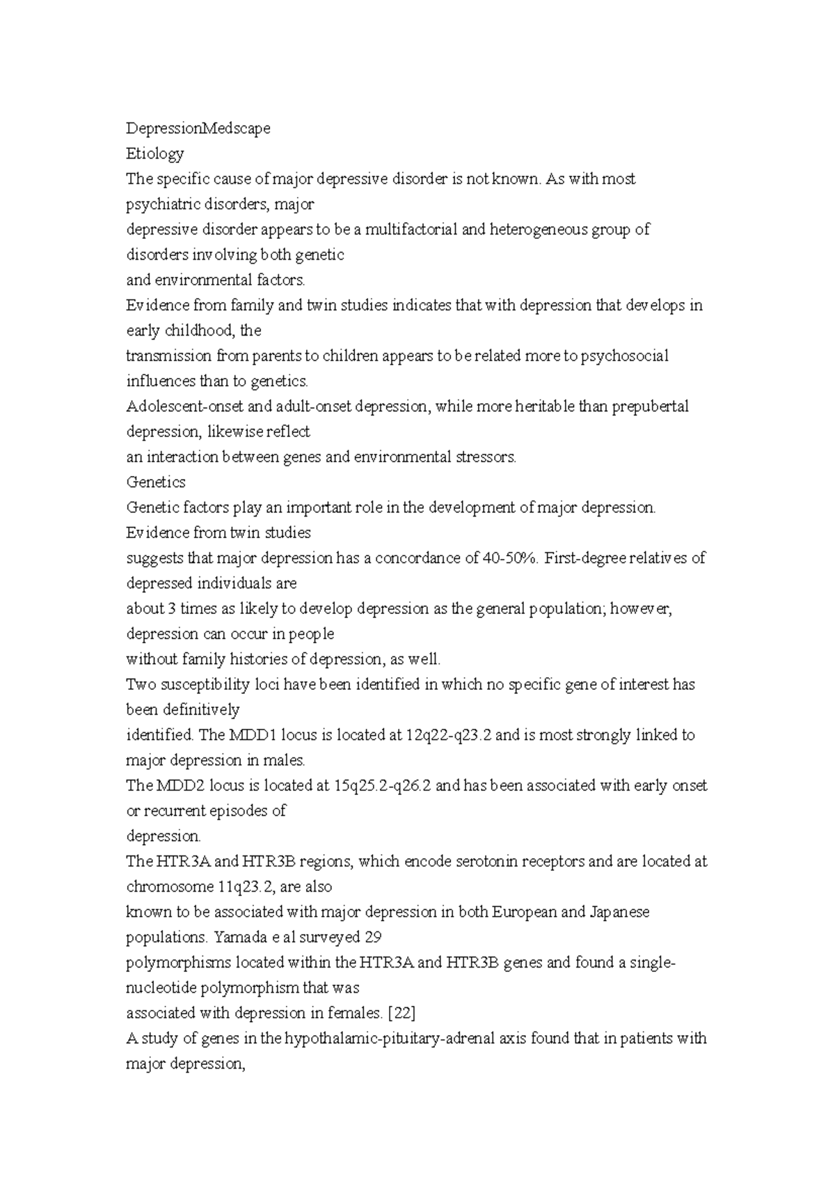 Depression Medscape - Lecture notes 1 - DepressionMedscape Etiology The ...