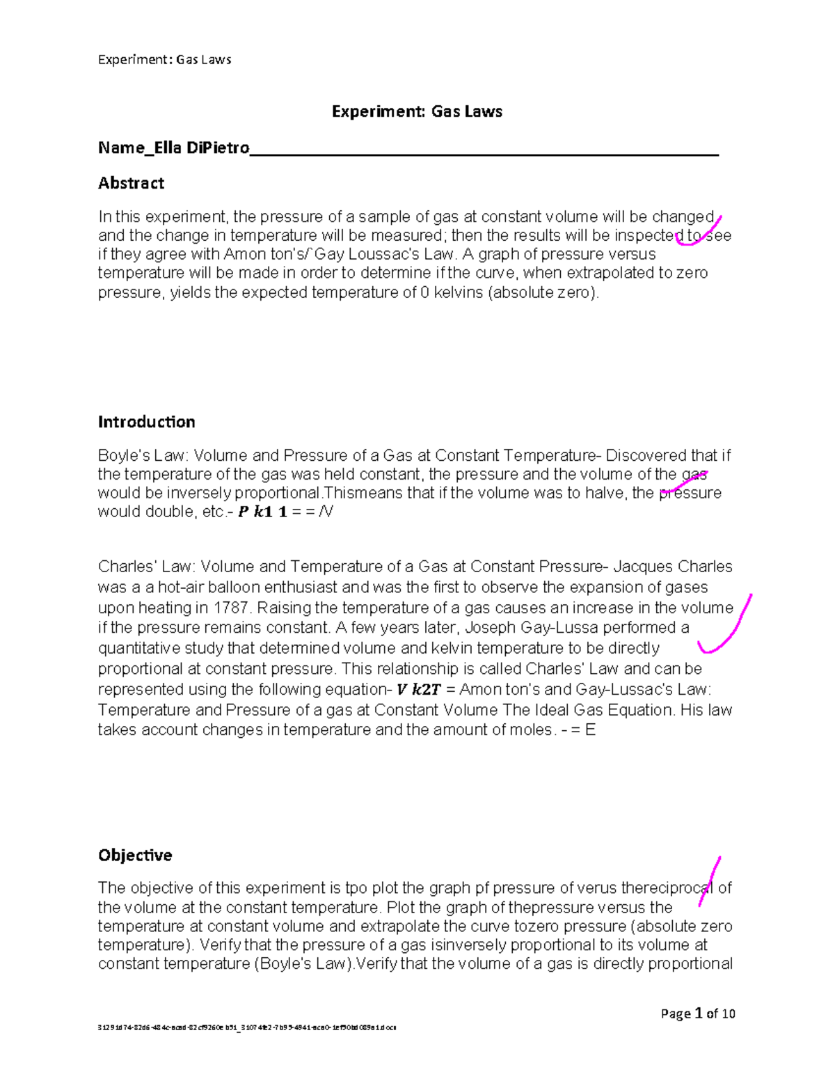 Lab+11+Gas Law+report%281%29 - Experiment: Gas Laws Name_Ella - Studocu