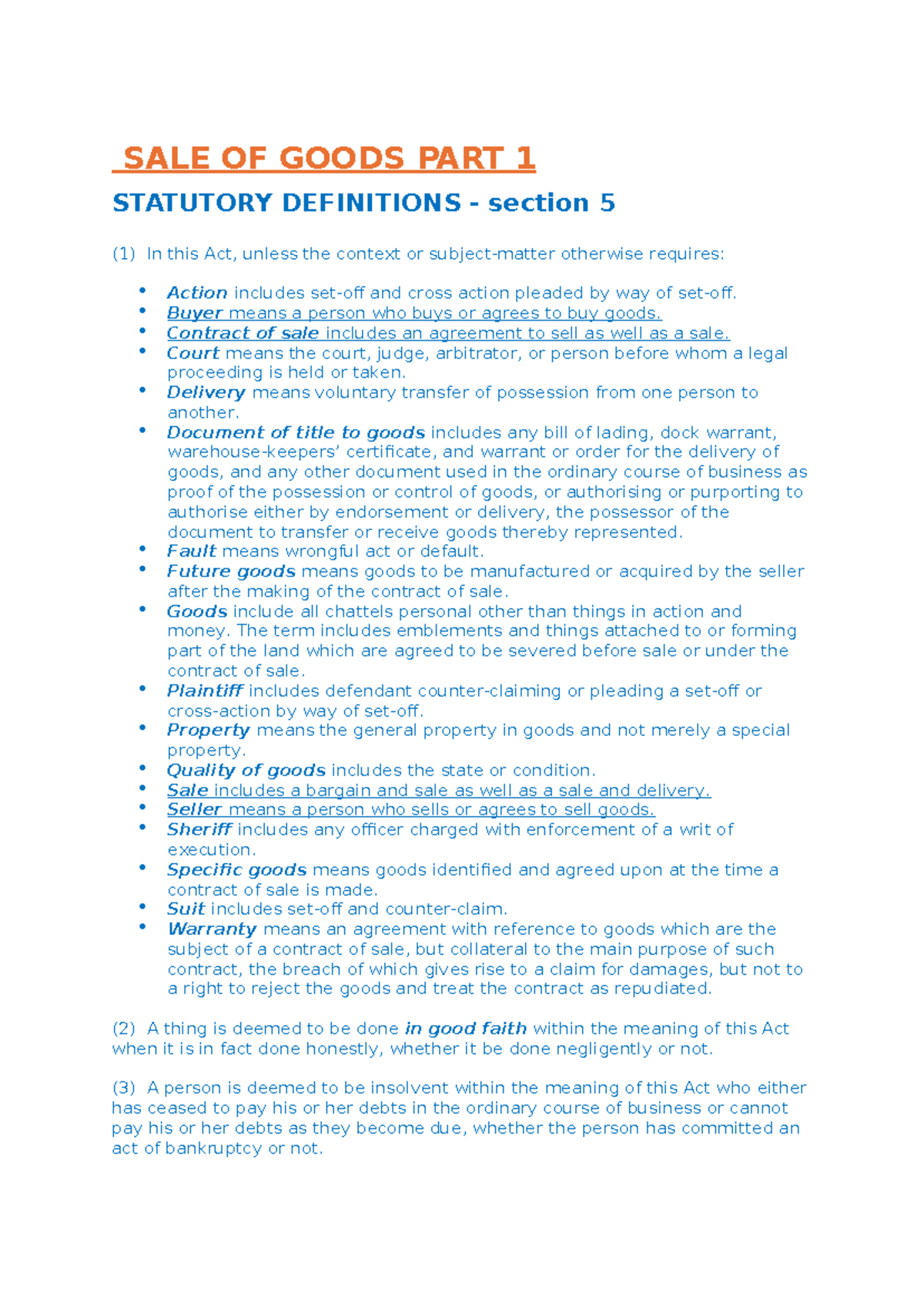 SALE OF GOODS PT 1 EXAM NOTES FOR TRANSFER OF PROPERTY - SALE OF GOODS ...