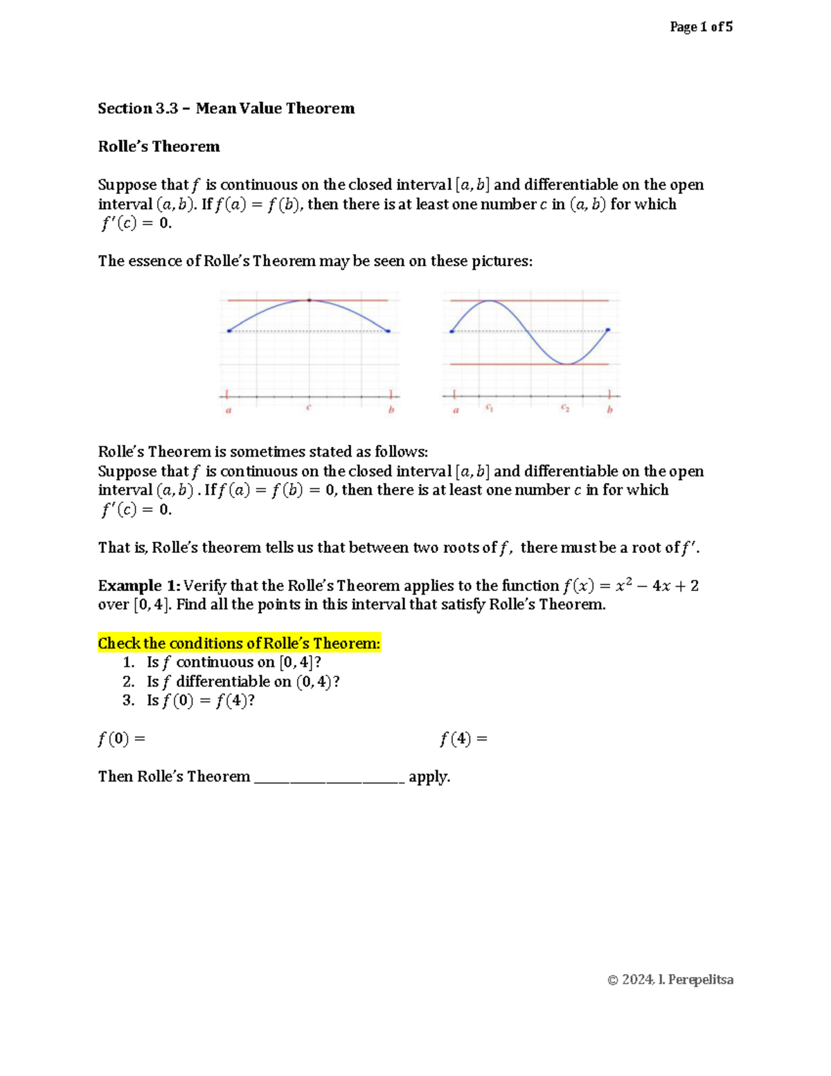 2413S33 - calc notes - Section 3. 3 – Mean Value Theorem Rolle’s ...