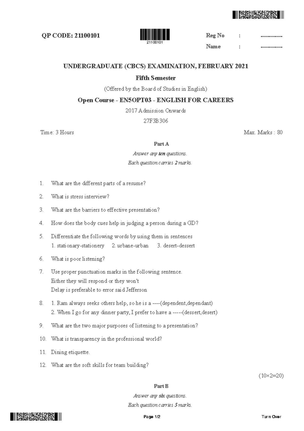 QP Eng for Careers Feb 2021 - QP CODE: 21100101 Reg No : ..................... Name : - Studocu