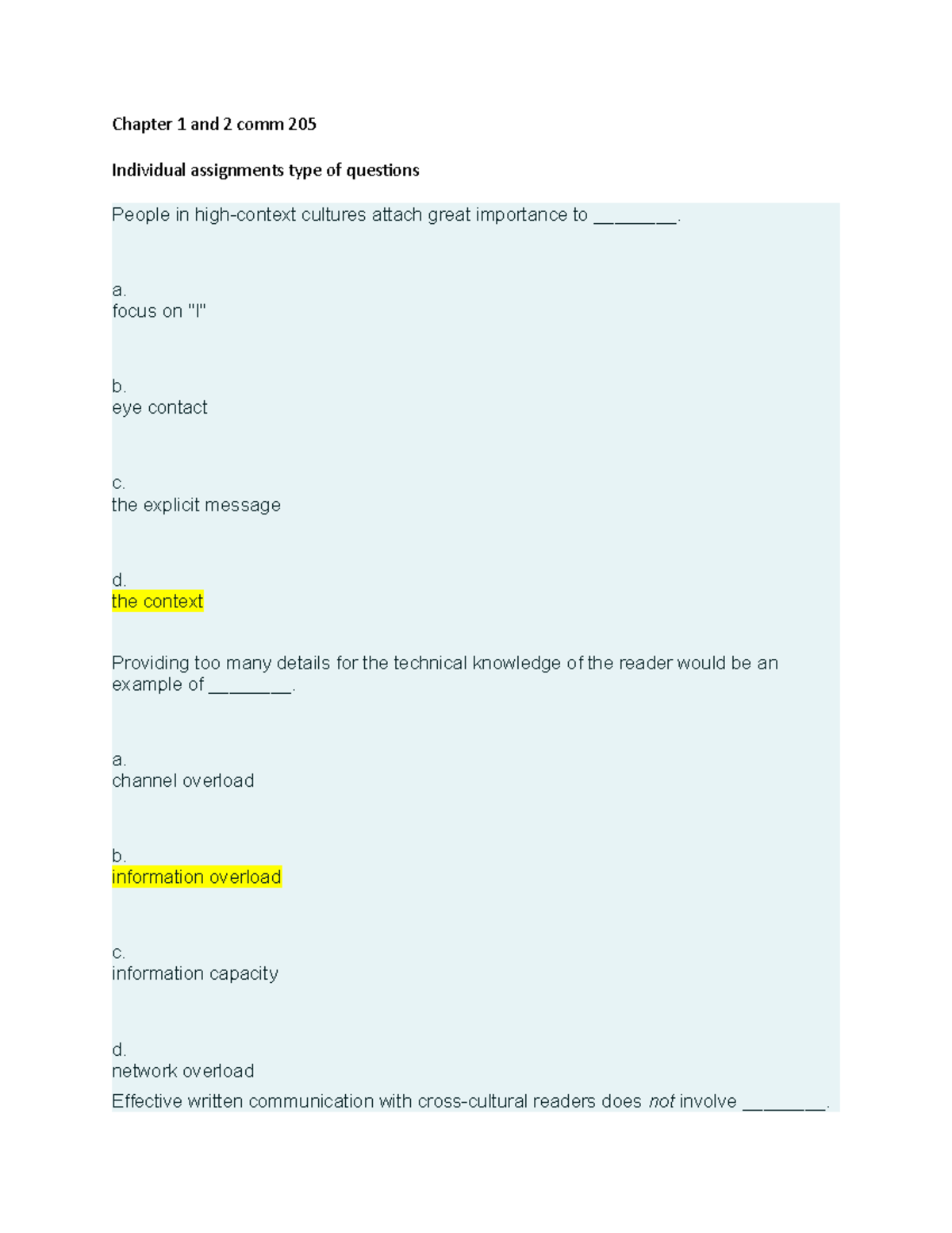 Chapter 1 and 2 comm 205 - Chapter 1 and 2 comm 205 Individual ...