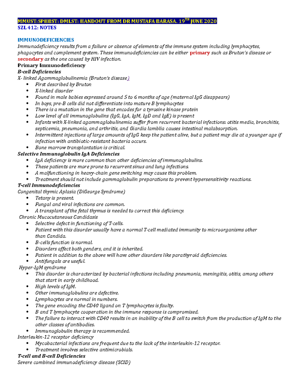 SZL 412 BML 328 Immunodeficiencies Notes - MMUST:SPHBST: DMLST: HANDOUT ...