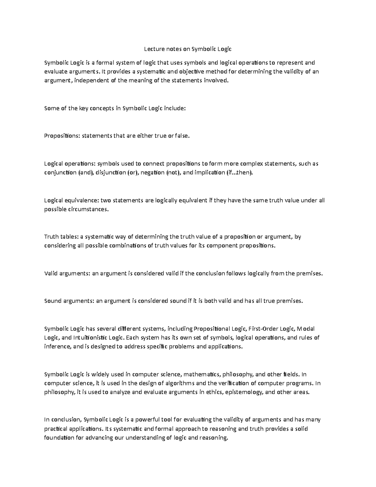 Lecture Notes On Symbolic Logic Symbolic Logic Is A Formal System Of