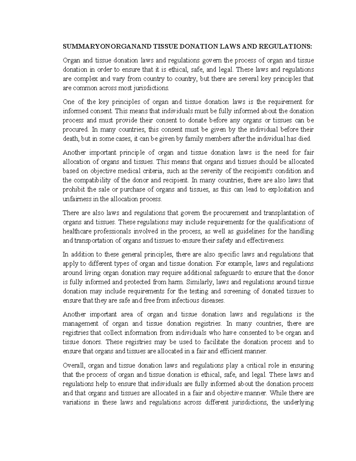 Summary ON Organ AND Tissue Donation LAWS AND Regulations ...