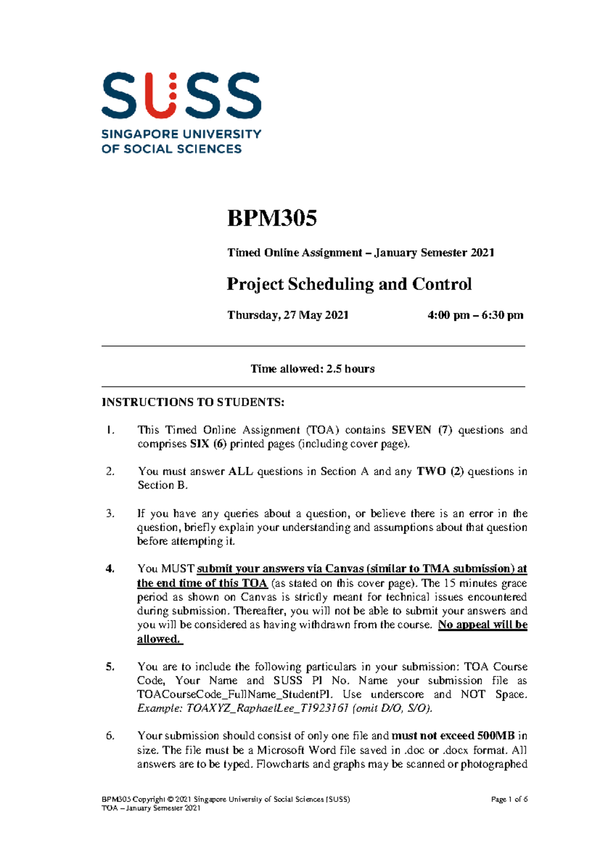 BPM305 JAN 2021 TOA - TOA - Jan 2021 - BPM305 Copyright © 2021 ...