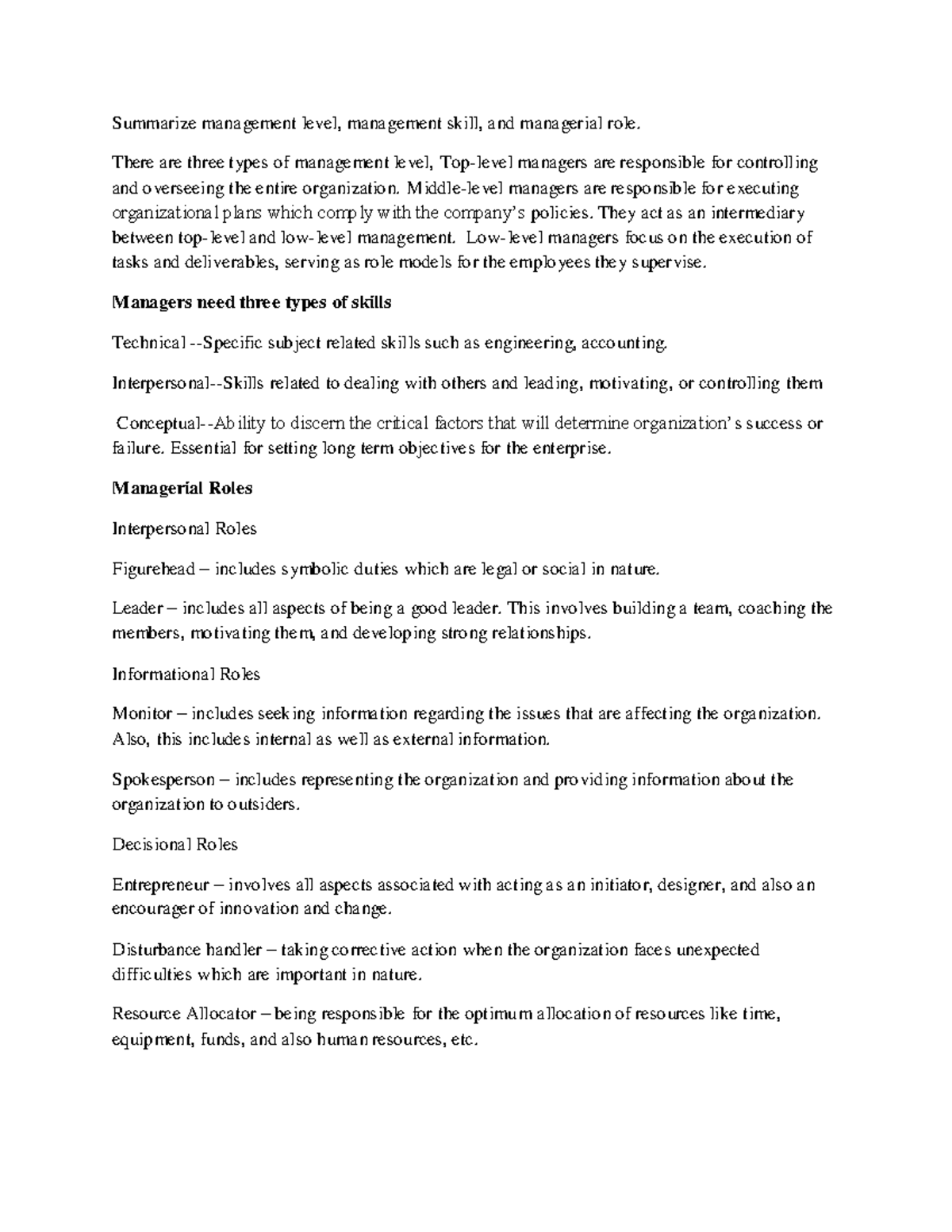 Summarize - summaries - Summarize management level, management skill ...