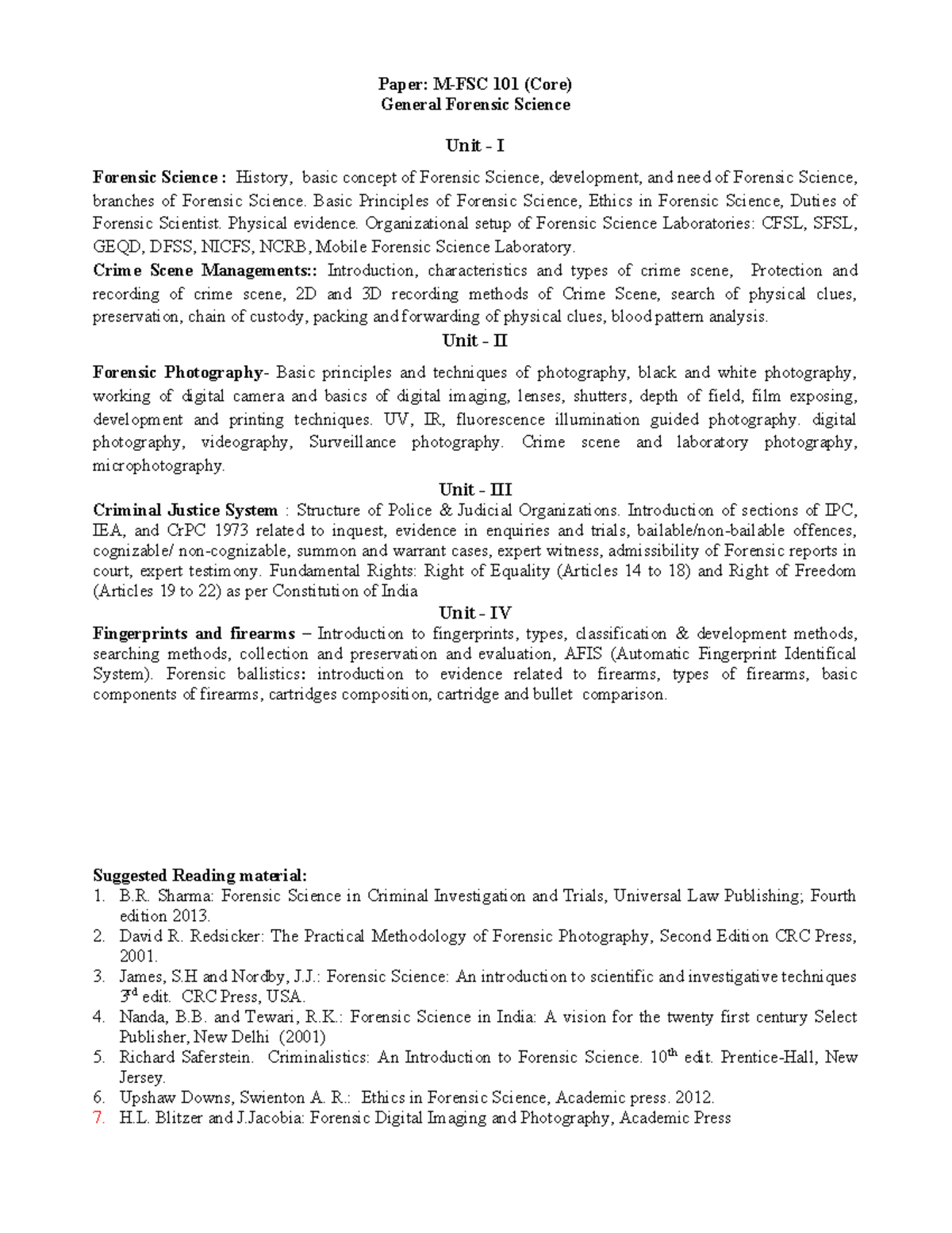 Syllabus - General Forensic Science Unit - I Forensic Science : History ...